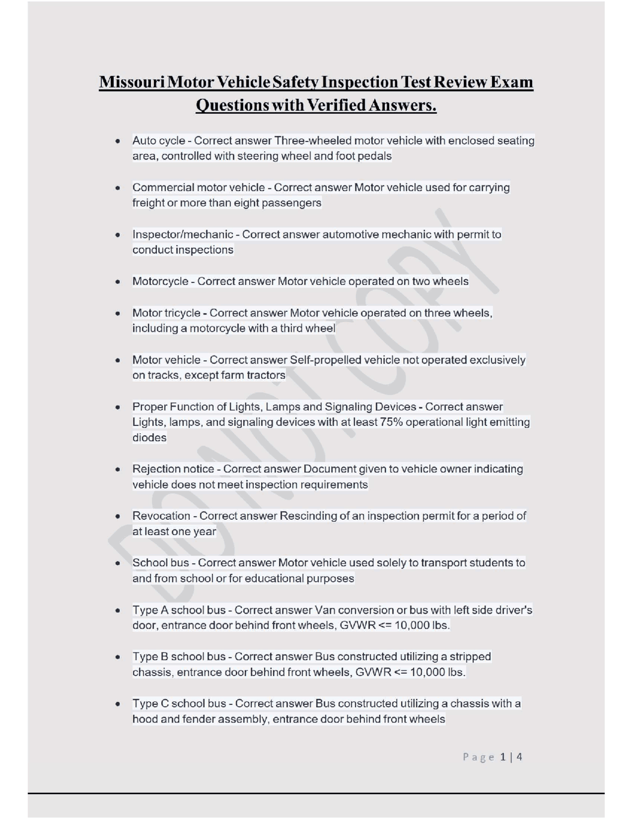 Missouri Motor Vehicle Safety Inspection Test Review Exam Questions ...