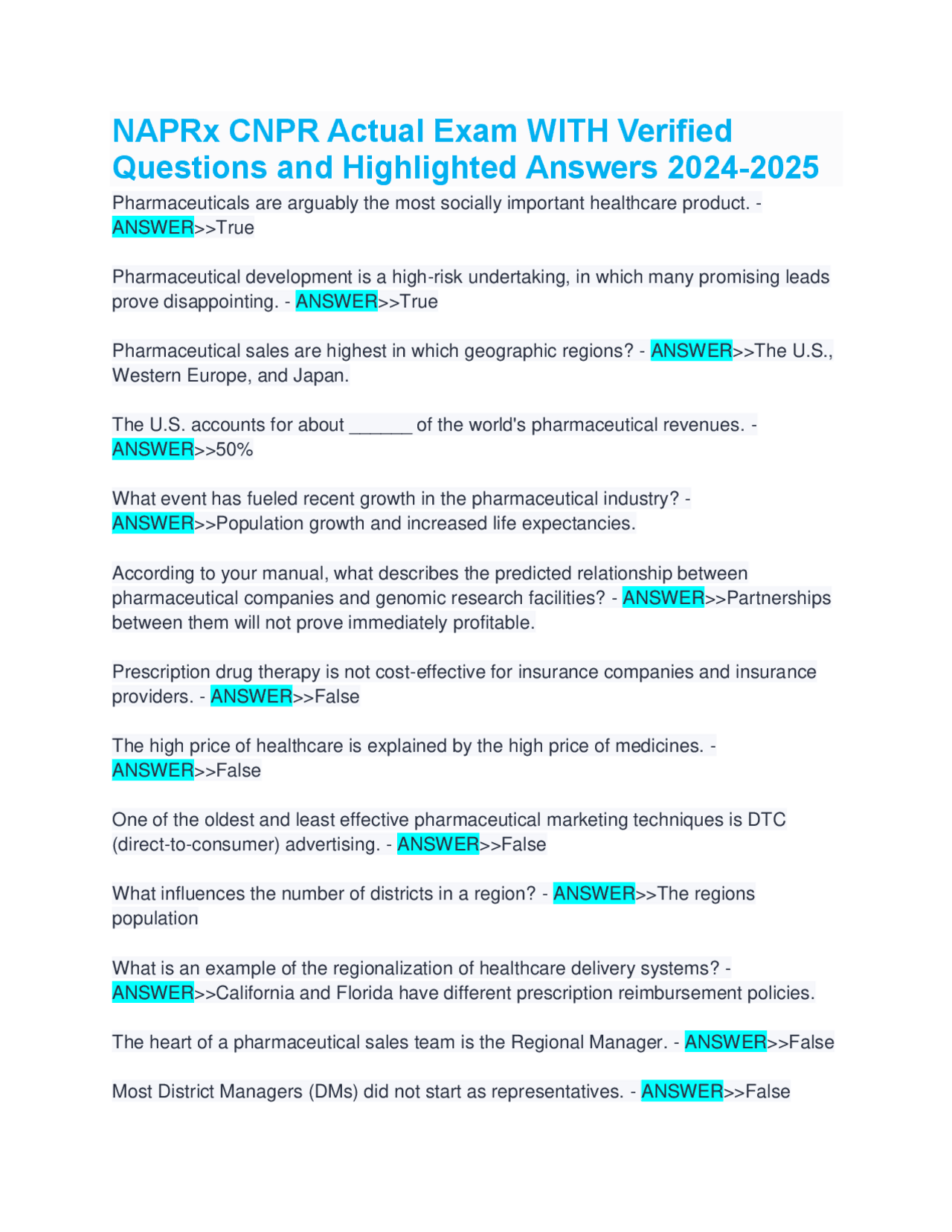 NAPRx CNPR Actual Exam WITH Verified Questions and Highlighted Answers ...