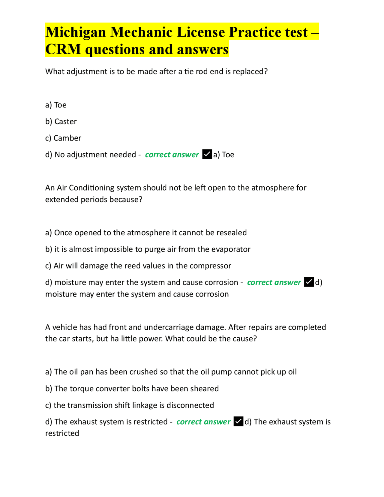 Michigan Mechanic License Practice Test: CRM Questions and Answers ...