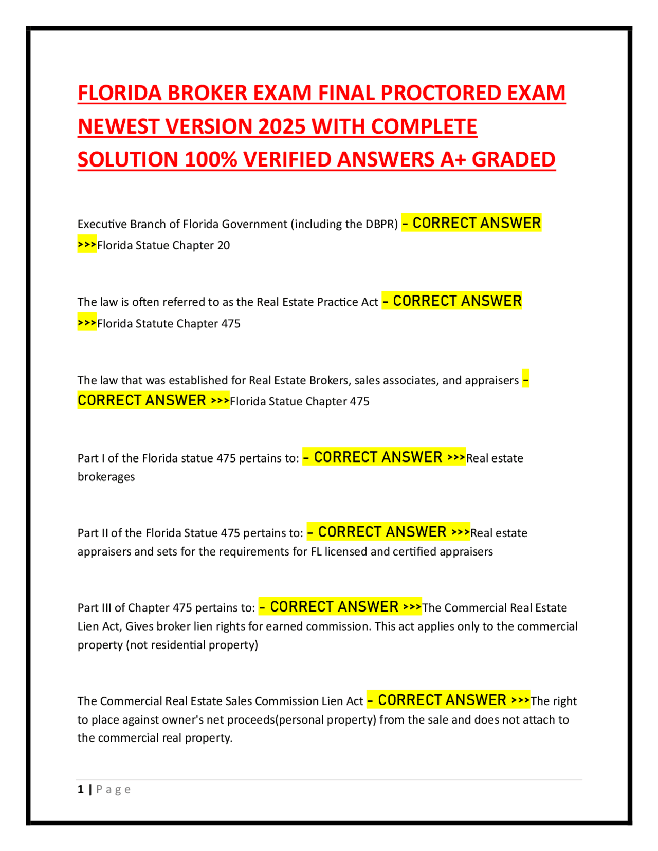 FLORIDA BROKER EXAM FINAL PROCTORED EXAM NEWEST VERSION 2025 WITH ...