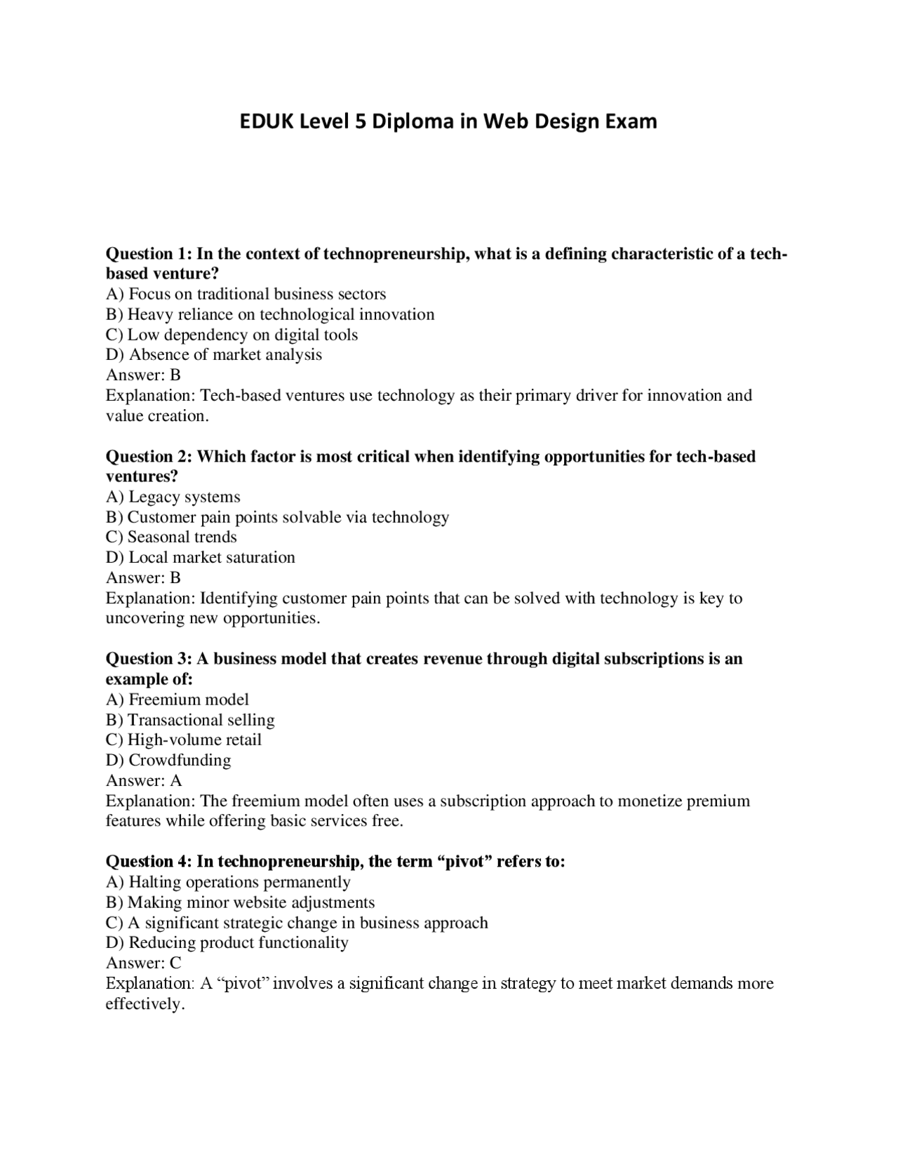 EDUK Level 5 Diploma in Web Design Exam | Exams Technology | Docsity