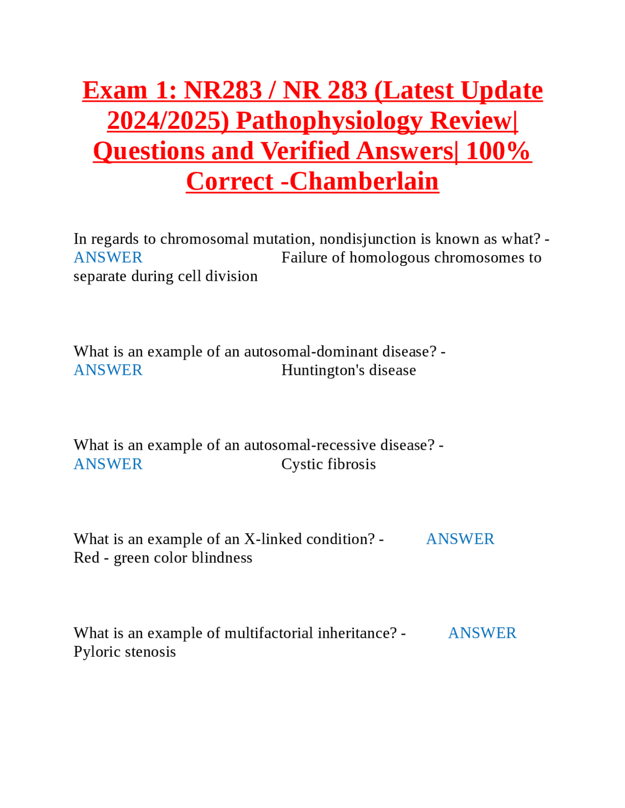 Exam 1: NR283 / NR 283 (Latest Update 2024/2025) Pathophysiology Review ...