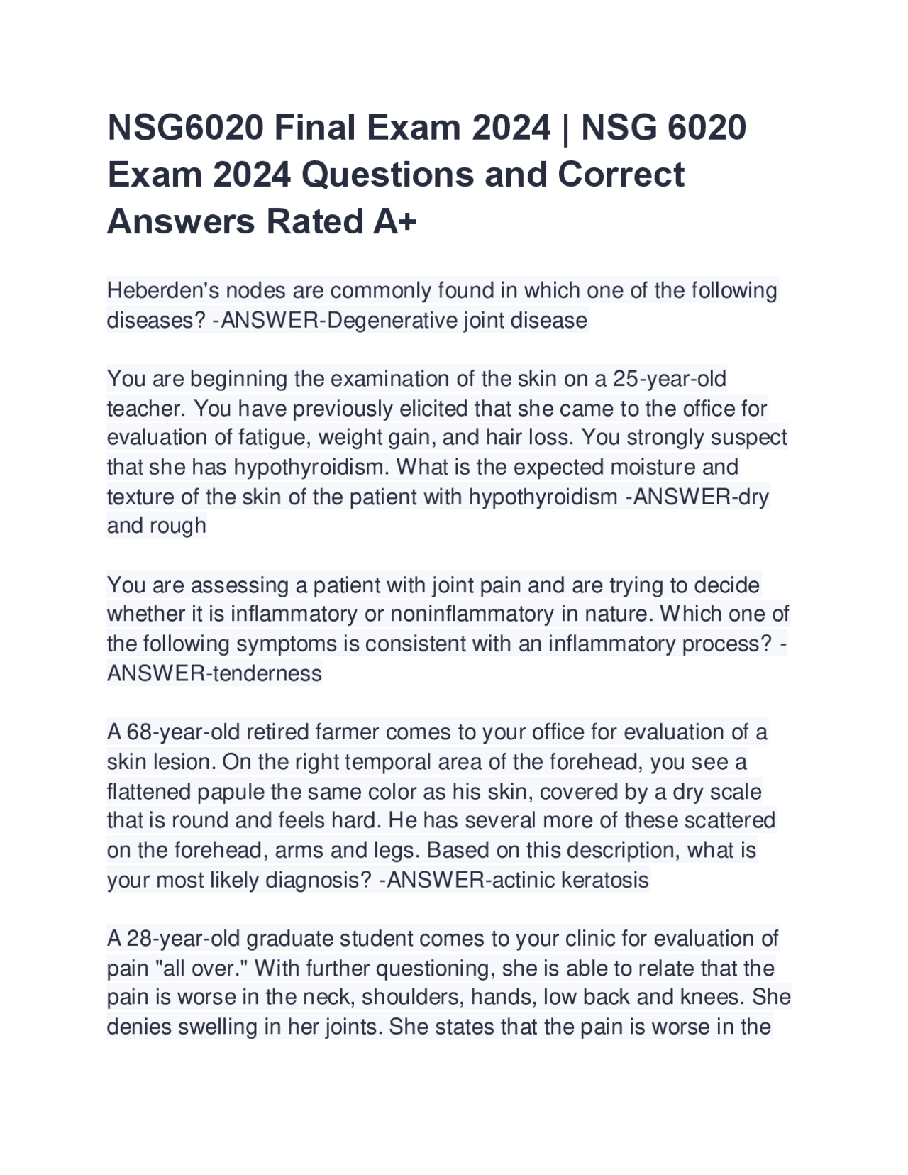 NSG6020 Final Exam 2024 | NSG 6020 Exam 2024 Questions and Correct Answers Rated A+ | Exams ...