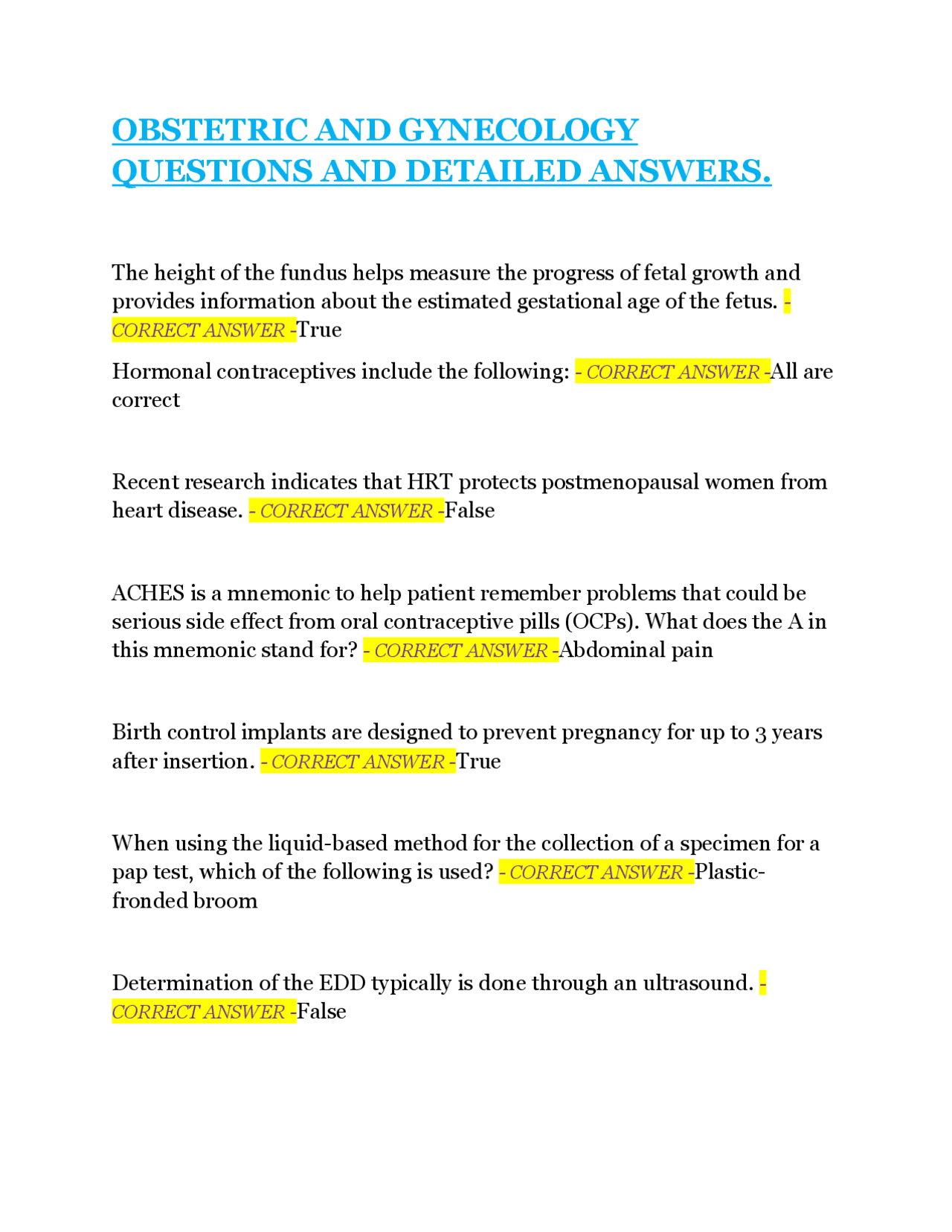 OBSTETRIC AND GYNECOLOGY QUESTIONS AND DETAILED ANSWERS. | Exams Nursing | Docsity