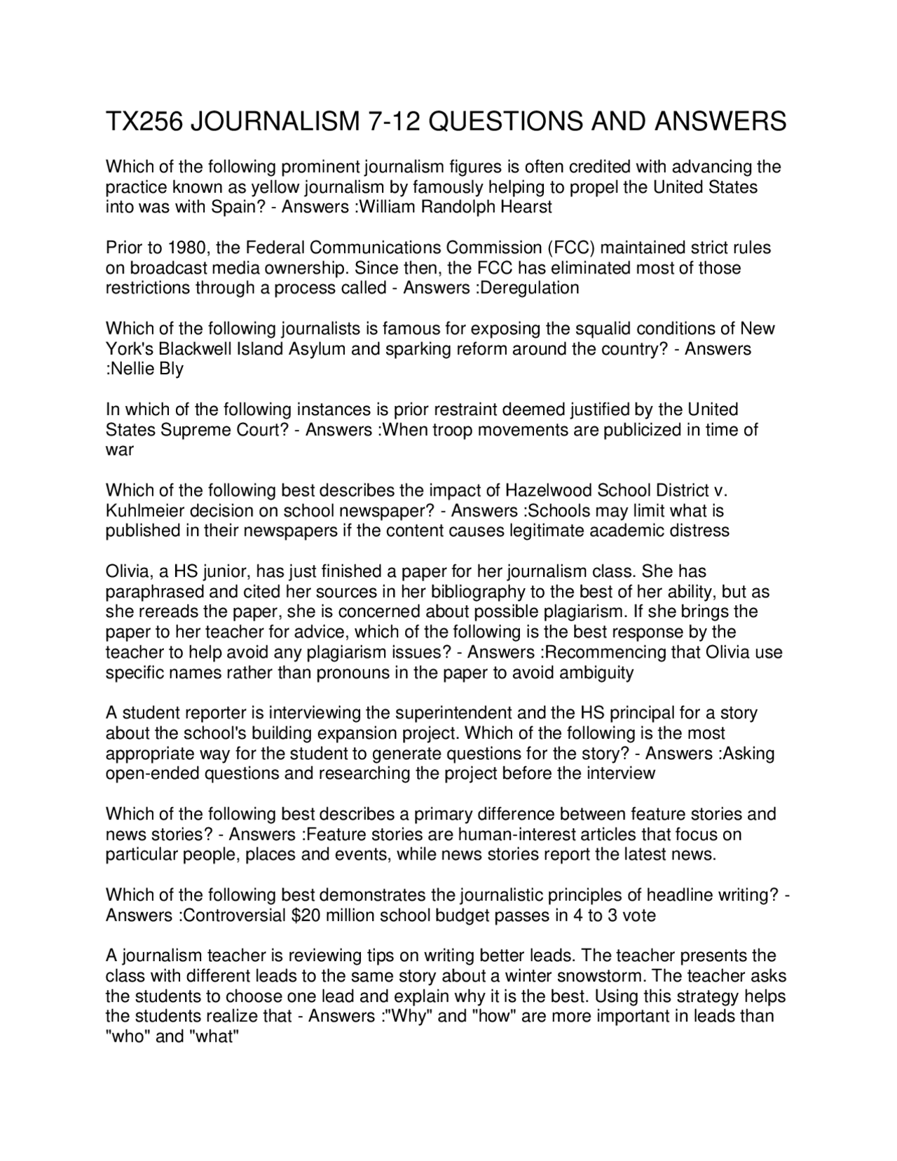 Journalism Quiz: Questions and Answers for High School and University ...