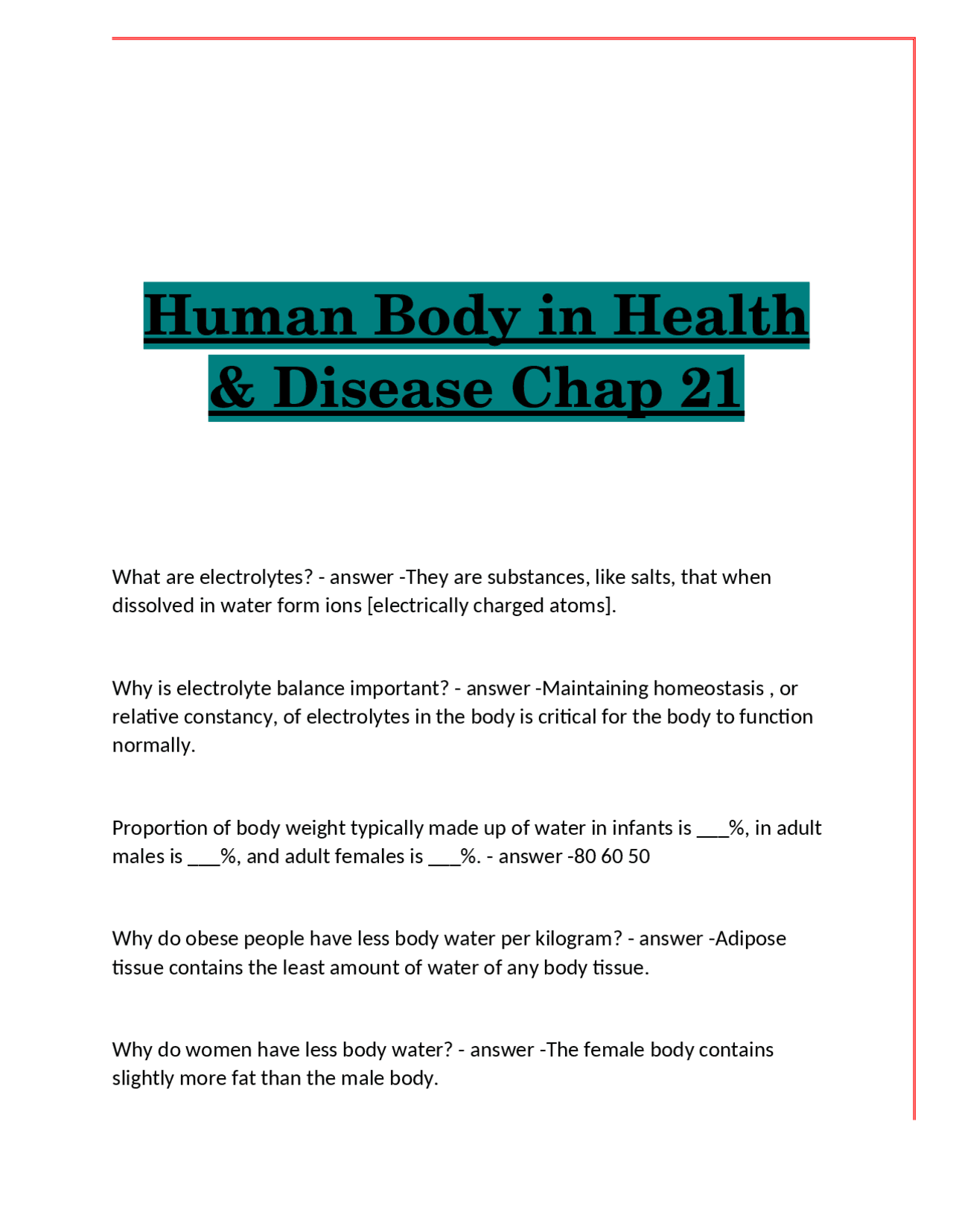 Human Body in Health & Disease Chap 21.docx | Exams Nursing | Docsity