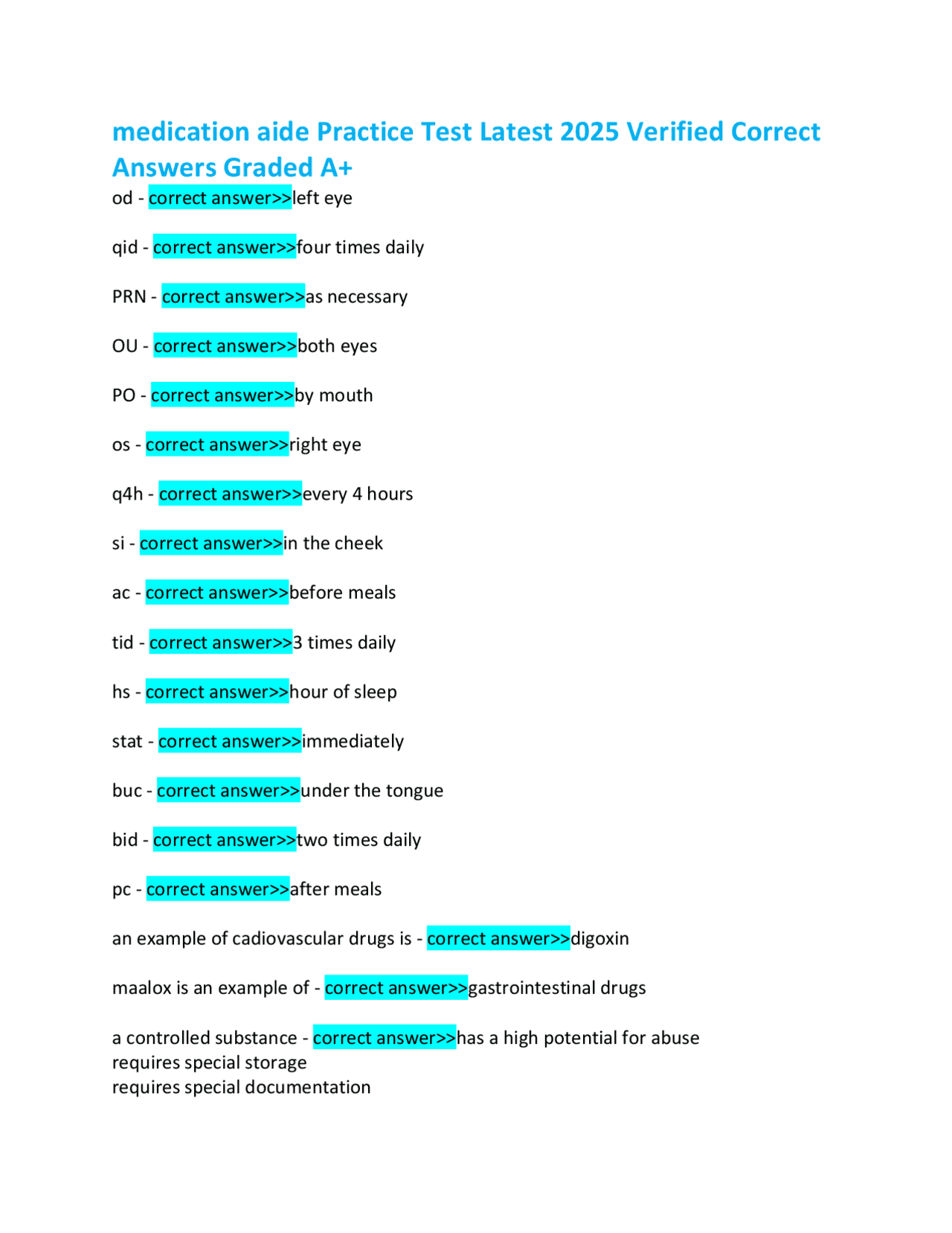 medication aide Practice Test Latest 2025 Verified Correct Answers ...