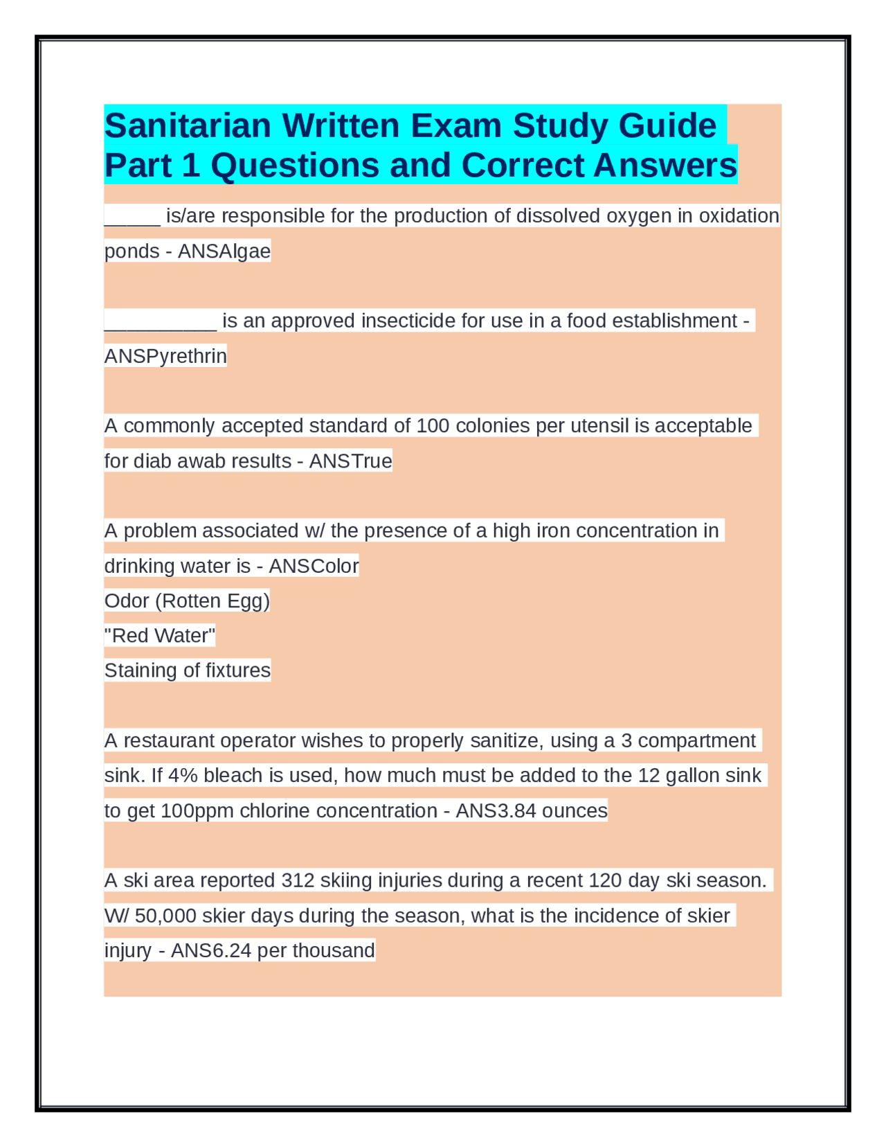 Sanitarian Written Exam Study Guide: Questions and Answers | Exams ...