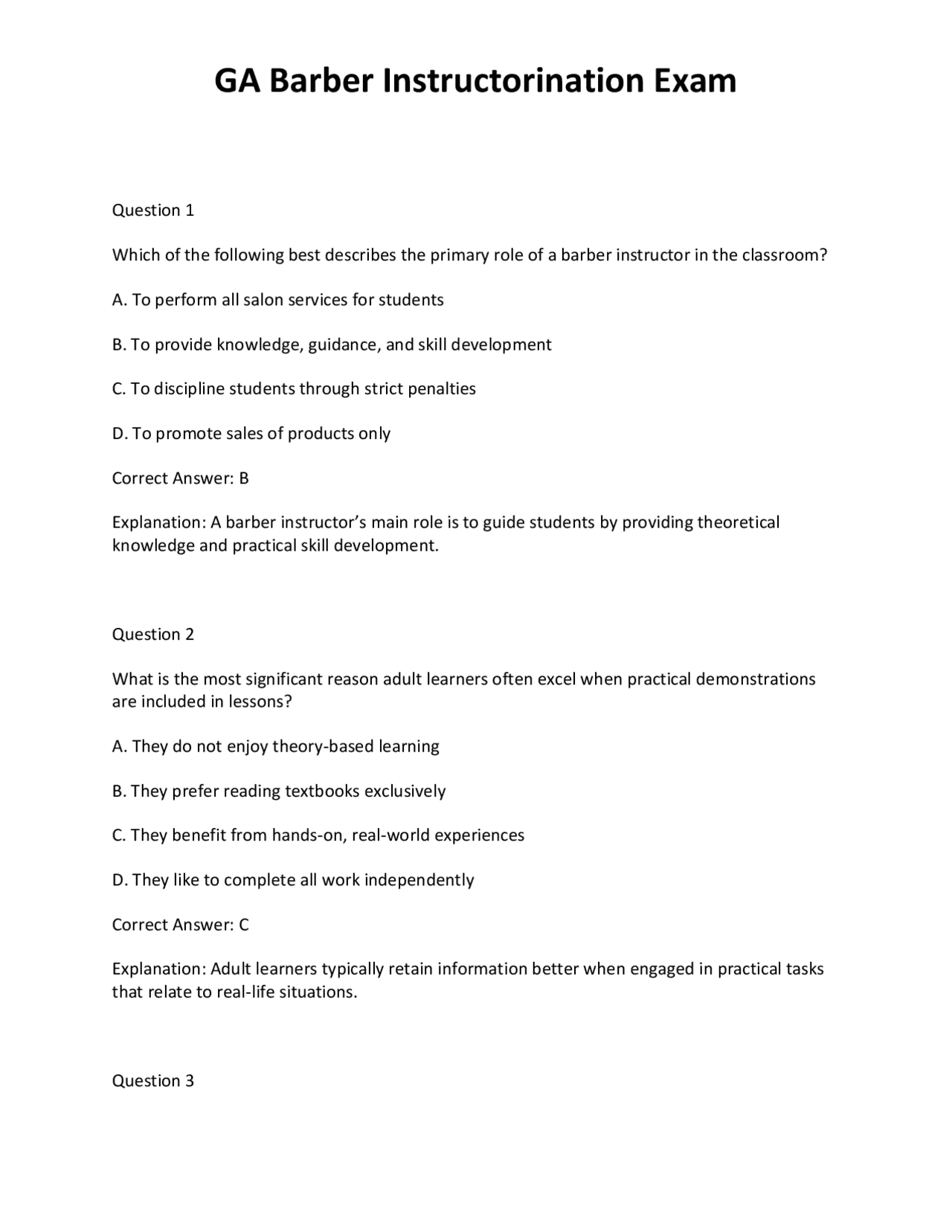 GA Barber Instructorination Exam | Exams Technology | Docsity