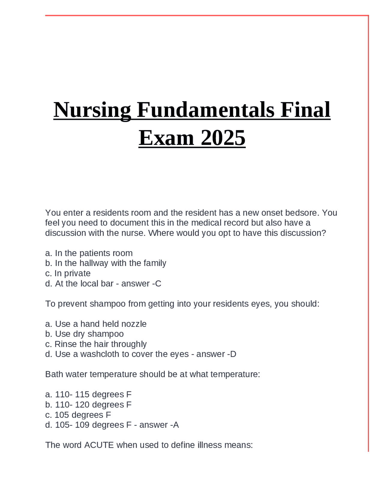 Nursing Fundamentals Final Exam 2025.docx | Exams Nursing | Docsity
