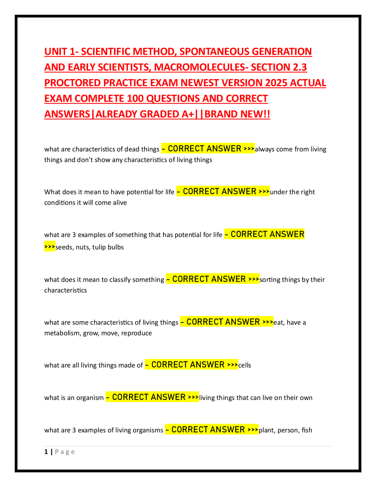 UNIT 1- SCIENTIFIC METHOD SPONTANEOUS GENERATION AND EARLY SCIENTISTS, MACROMOLECULES EXAM ...