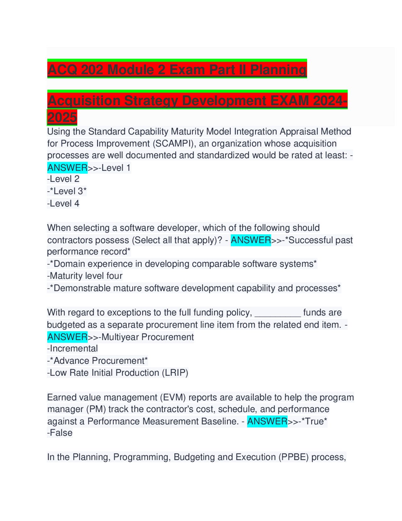 ACQ 202 Module 2 Exam Part II Planning Acquisition Strategy Development EXAM 2024- 2025 | Exams ...