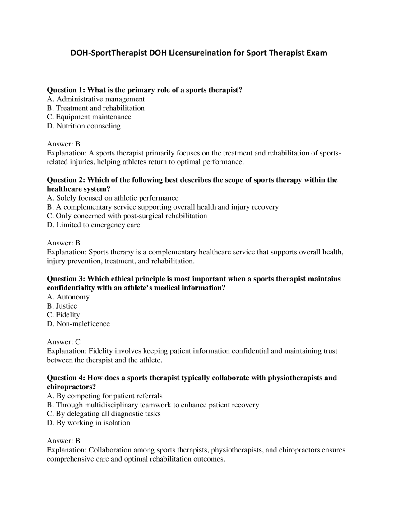 DOH-SportTherapist DOH Licensureination for Sport Therapist Exam | Exams Technology | Docsity