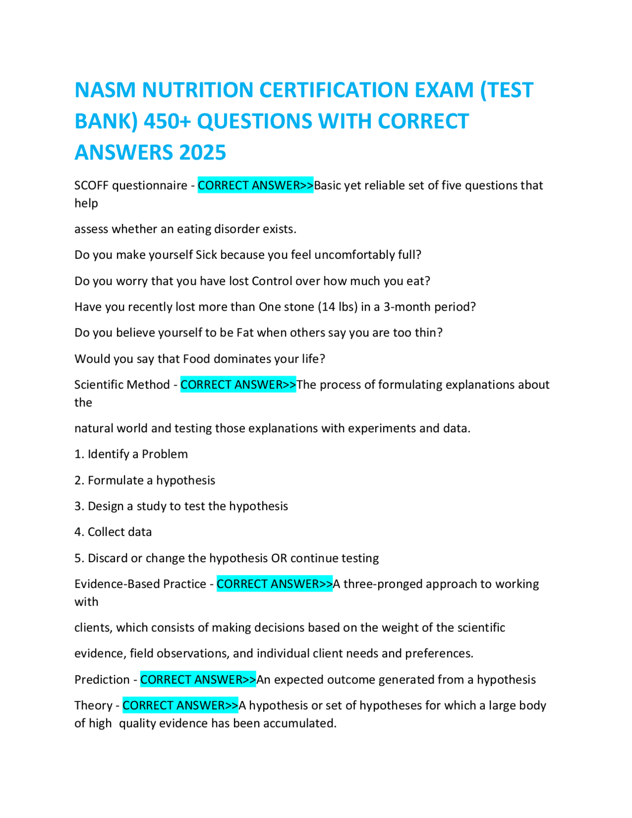 NASM NUTRITION CERTIFICATION EXAM (TEST BANK) 450+ QUESTIONS WITH ...
