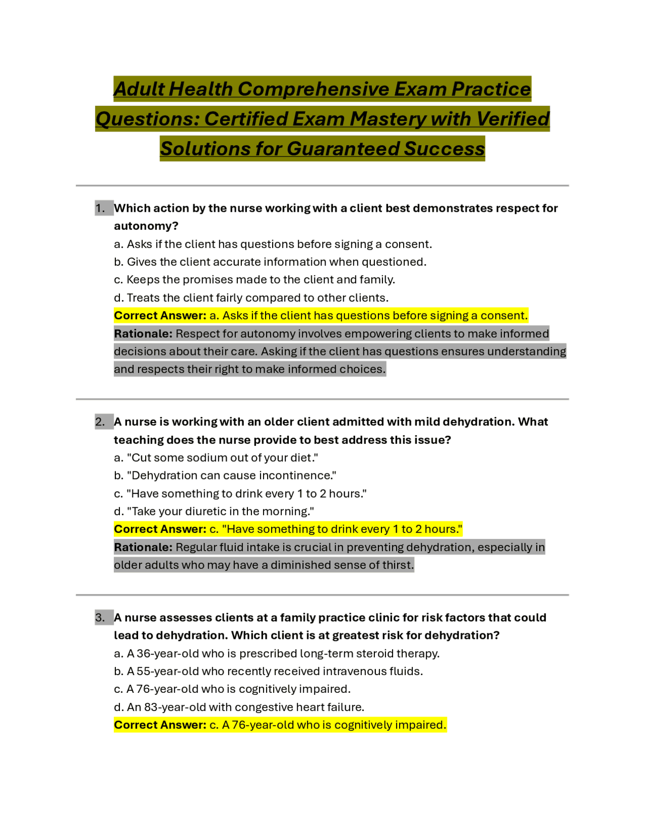 Adult Health Comprehensive Exam Practice Questions: Certified Exam ...