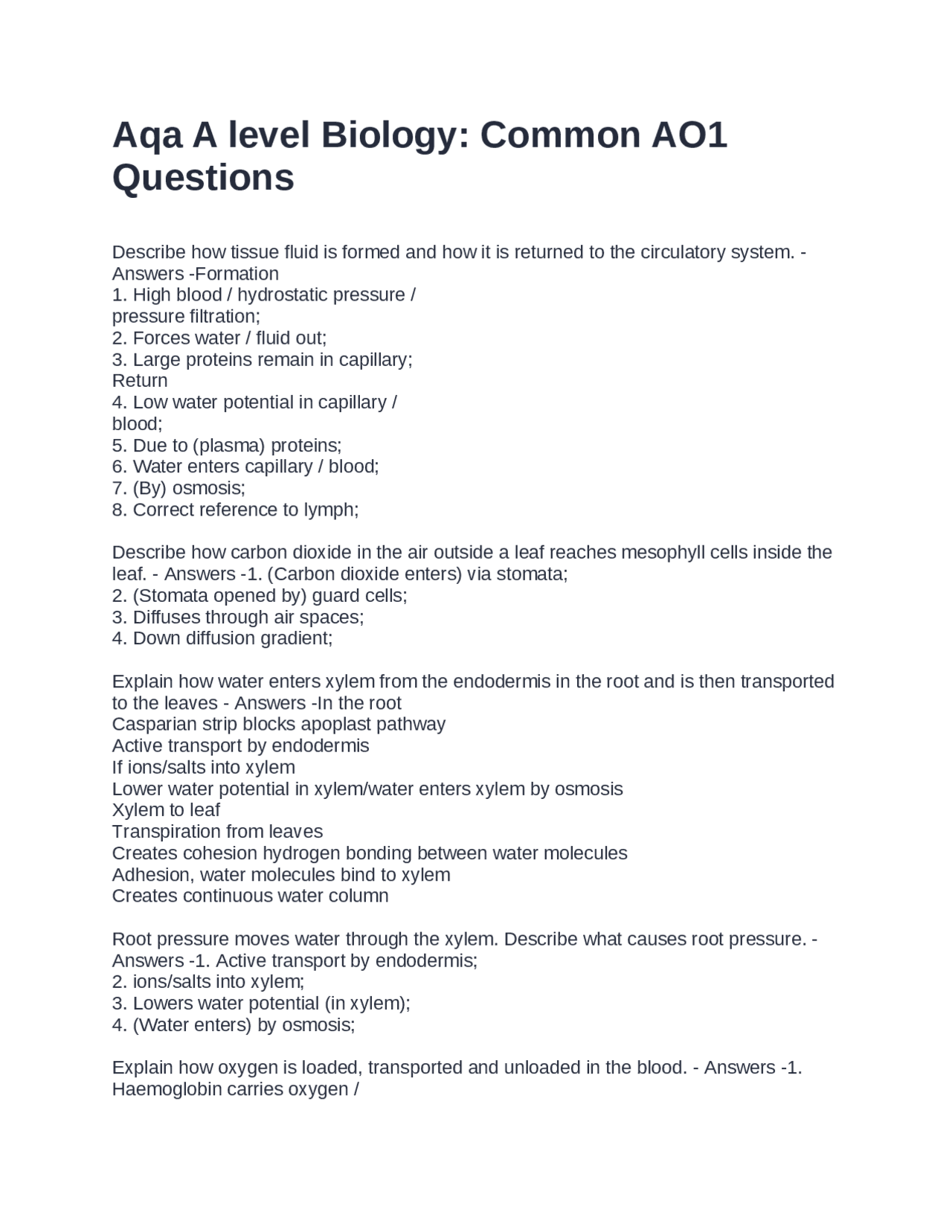 Aqa A level Biology Common AO1 Exam Questions and 100% Correct Answers ...