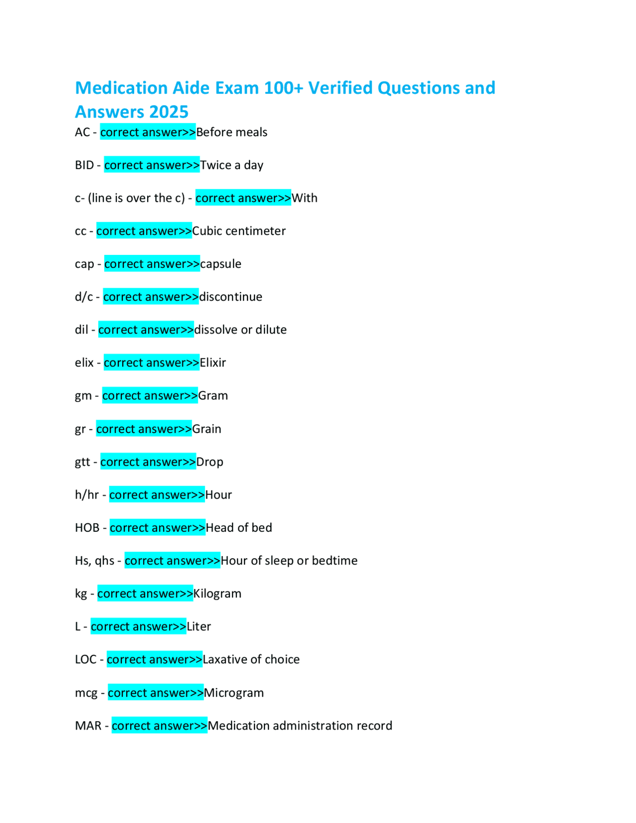 Medication Aide Exam 100+ Verified Questions and Answers 2025 | Exams ...