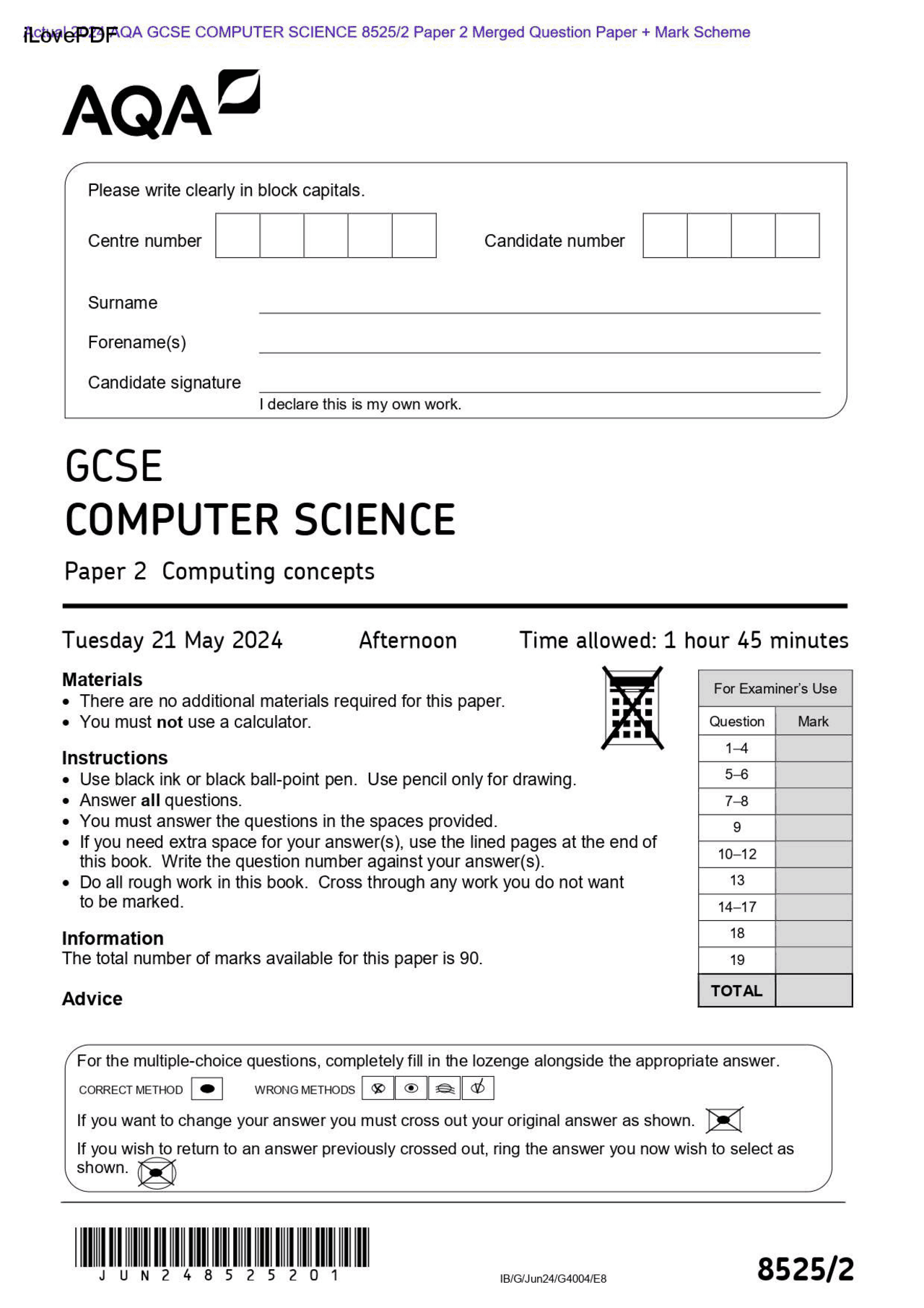 Actual 2024 AQA GCSE COMPUTER SCIENCE 8525/2 Paper 2 Merged Question Paper + Mark Scheme | Exams ...