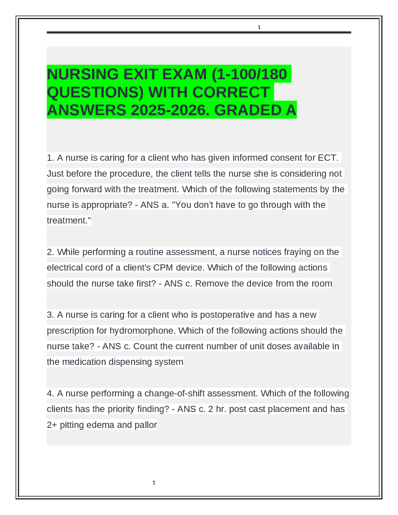 NURSING EXIT EXAM (1-100/180 QUESTIONS) WITH CORRECT ANSWERS 2025-2026 ...