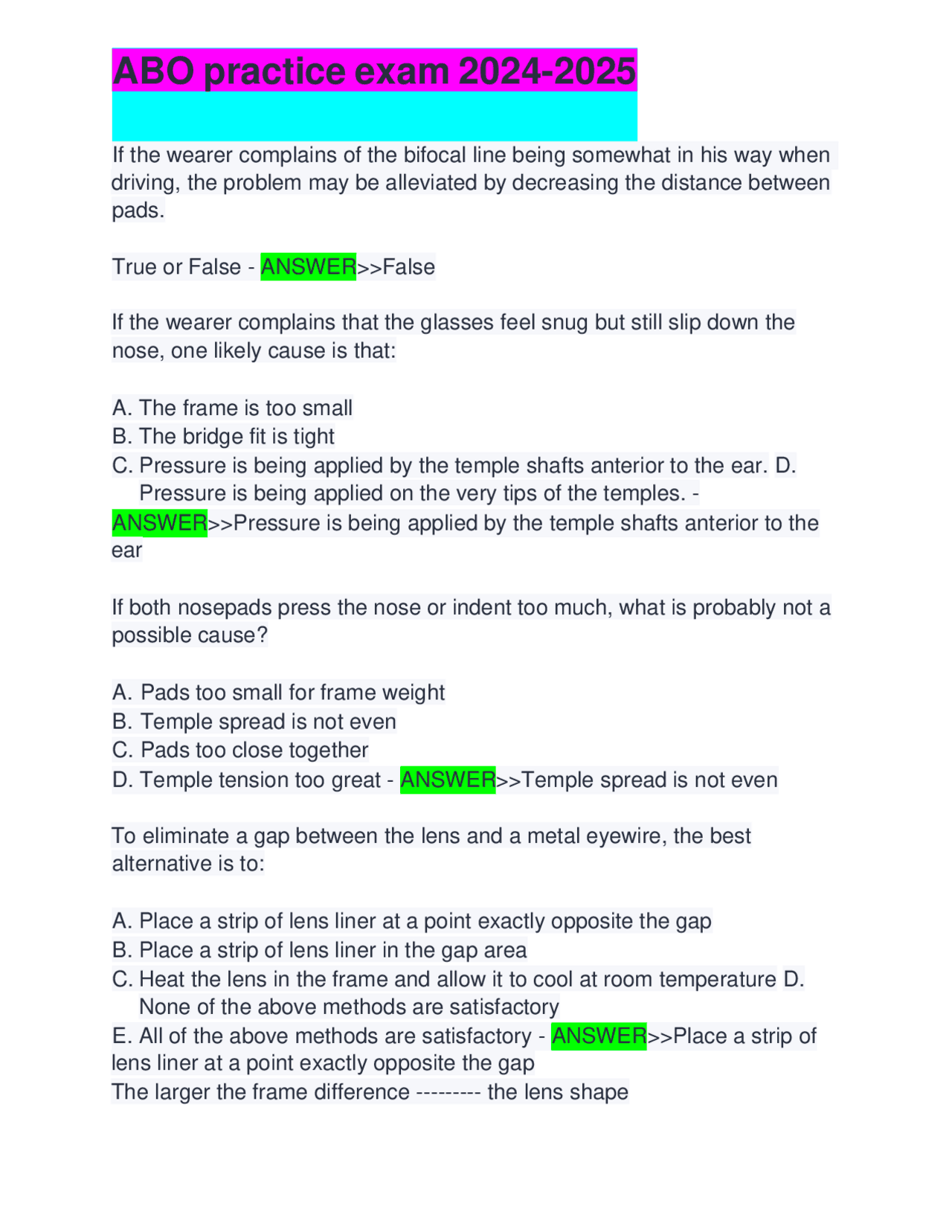 ABO practice exam 2024-2025 2025 EXAMINATION | Exams Medicine | Docsity