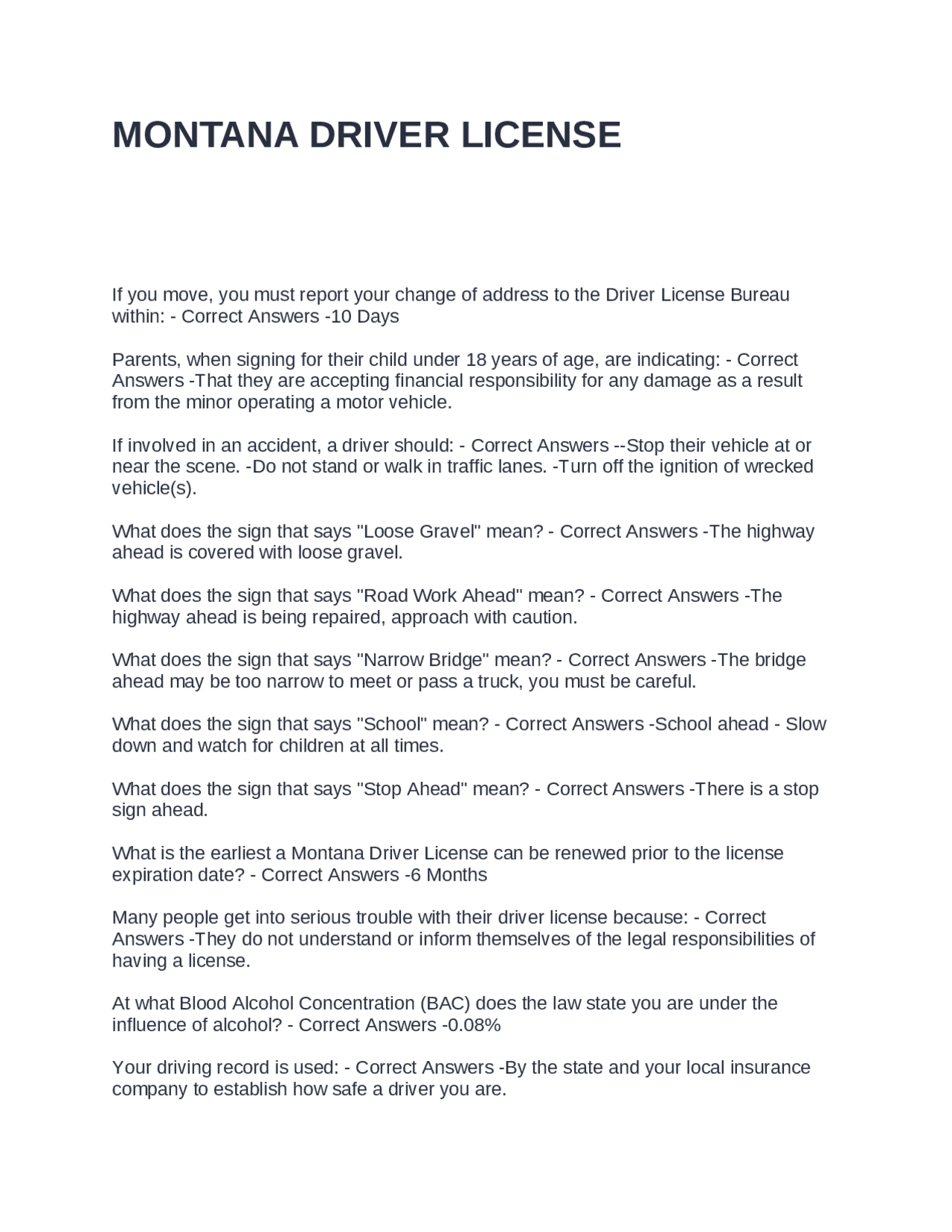 MONTANA DRIVER LICENSE EXAM WITH CORRECT ANSWERS | GRADED A | Exams ...