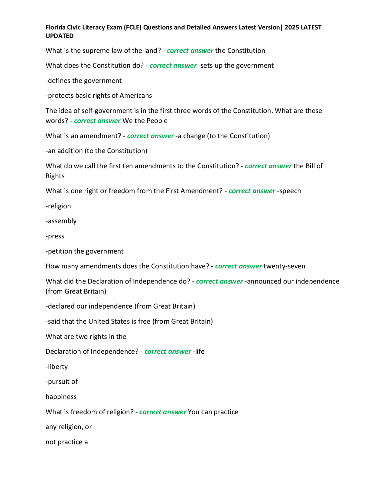 Florida Civic Literacy Exam (FCLE) Questions and Detailed Answers ...