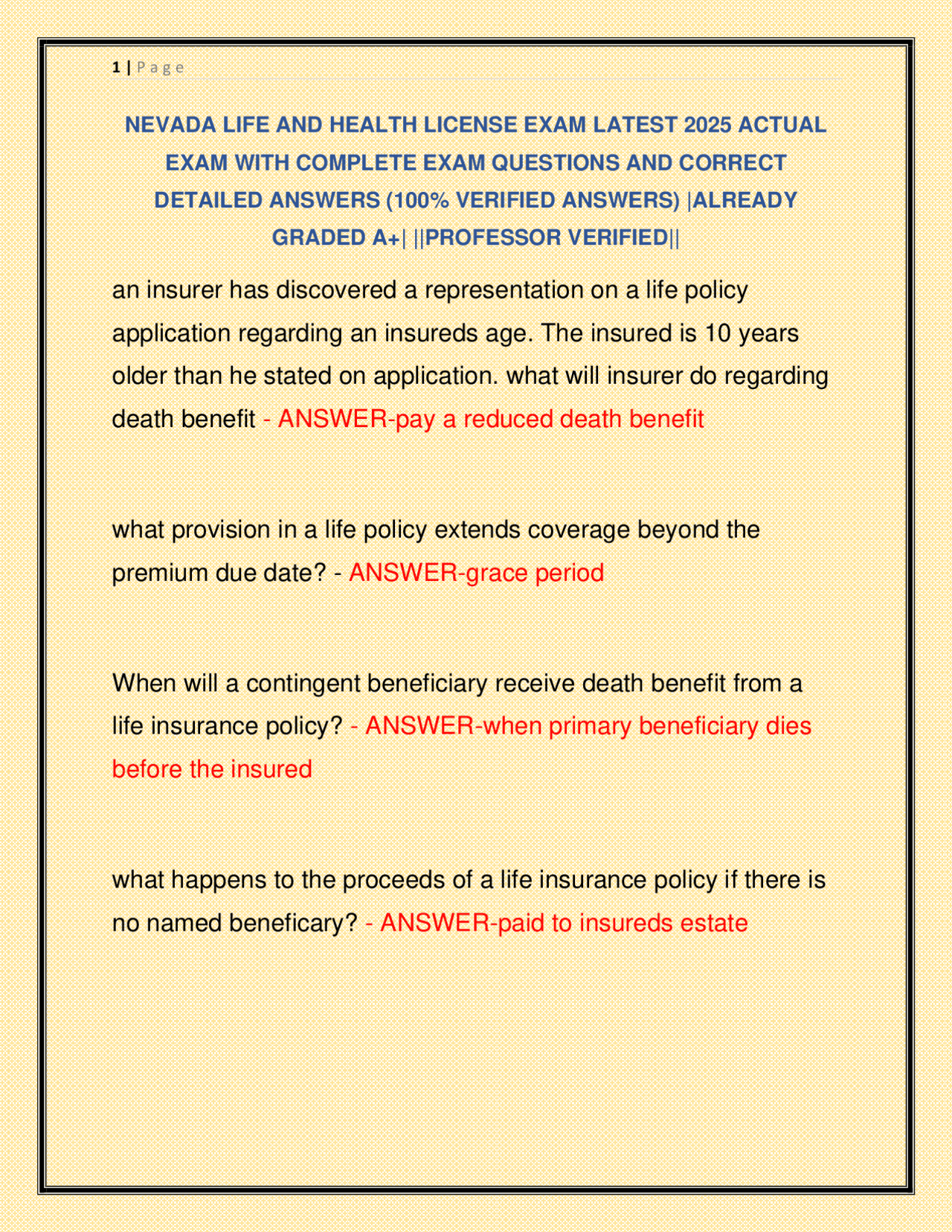 NEVADA LIFE AND HEALTH LICENSE EXAM LATEST 2025 ACTUAL EXAM WITH ...