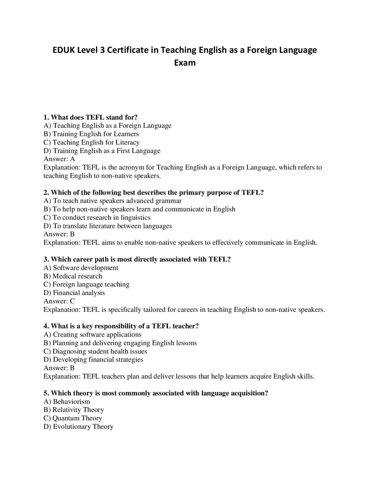 TEFL Certificate Exam Questions and Answers: A Comprehensive Guide ...