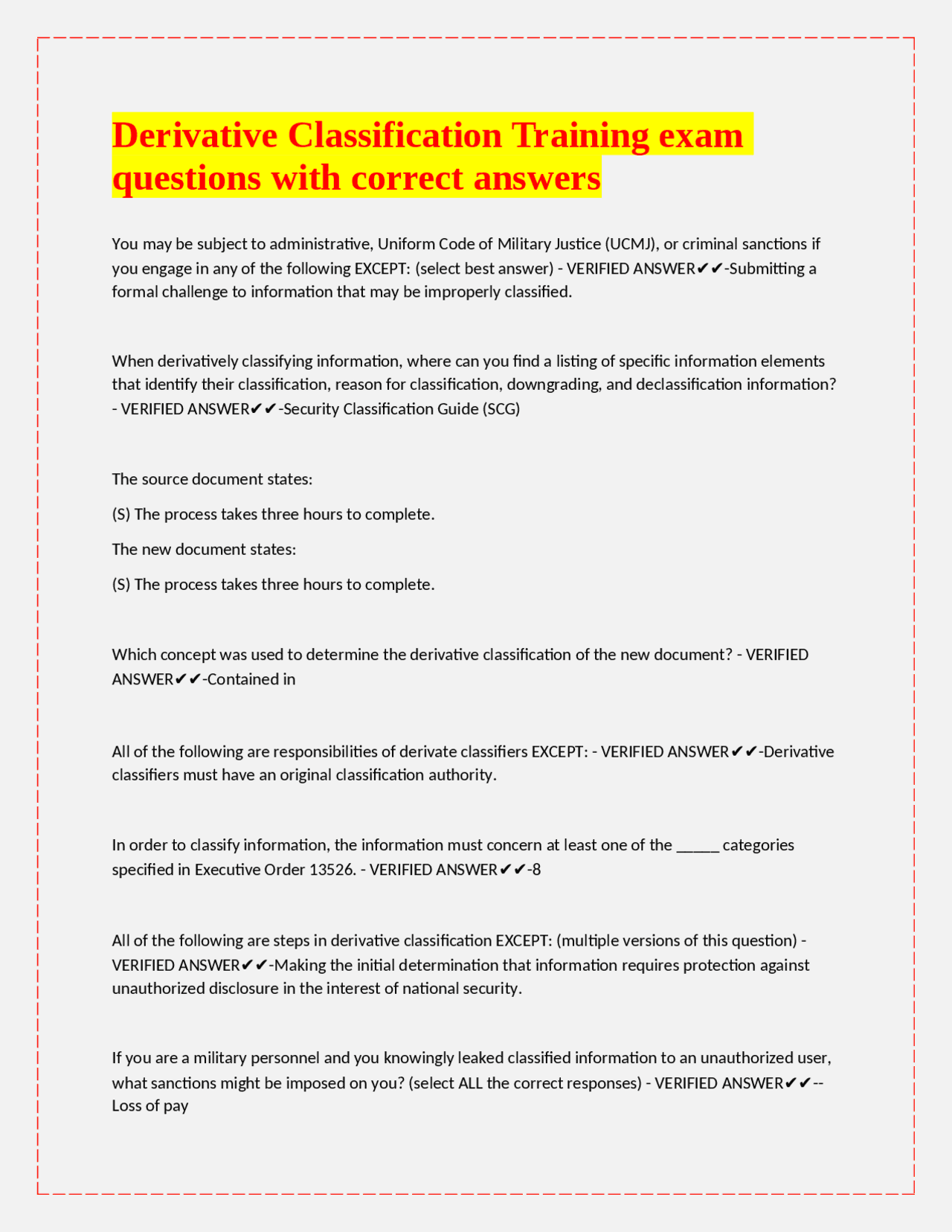 Derivative Classification Training exam questions with correct answers ...