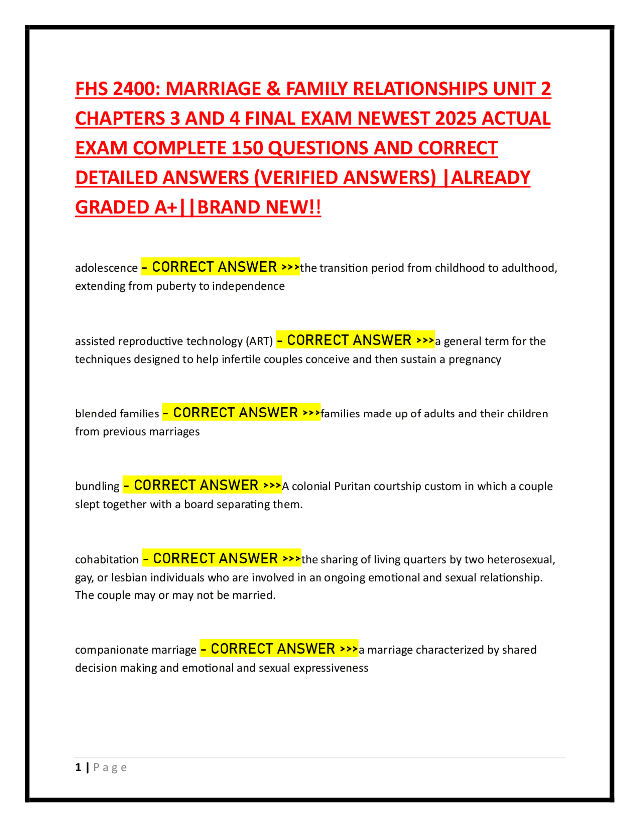 FHS 2400: MARRIAGE & FAMILY RELATIONSHIPS UNIT 2 CHAPTERS 3 AND 4 FINAL ...