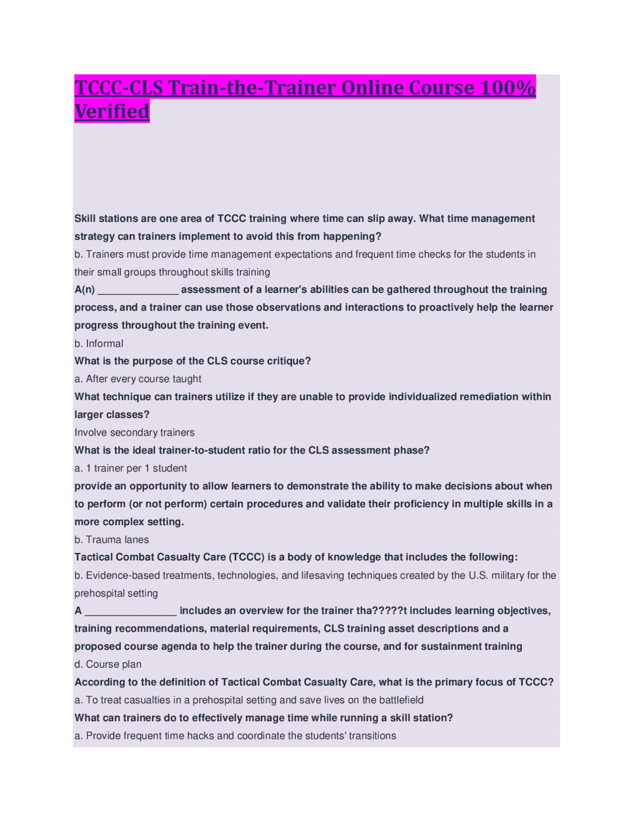 TCCC-CLS Train-the-Trainer Online Course 100% Verified | Exams Physical ...