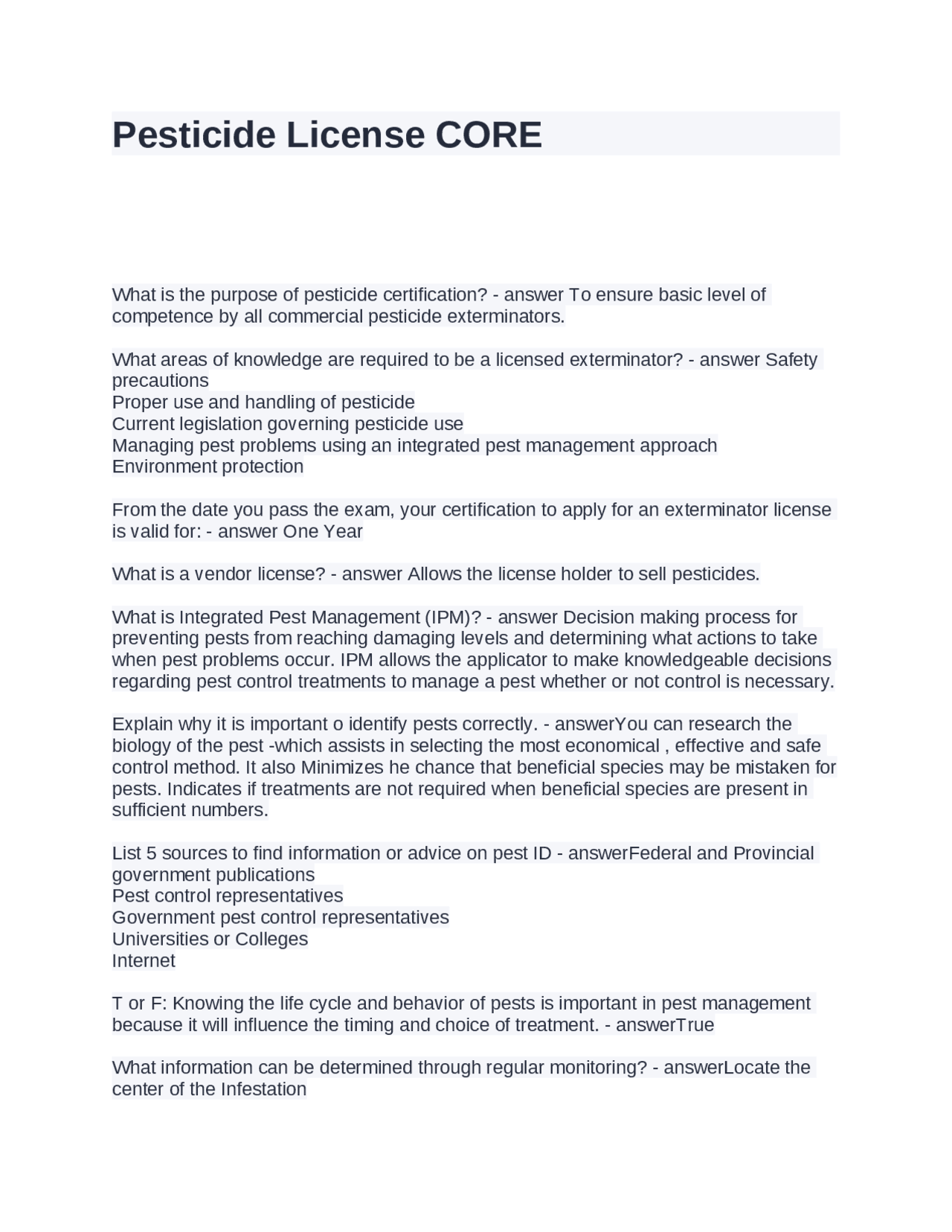 Pesticide License CORE Questions and Answers Fully Solved | Exams ...