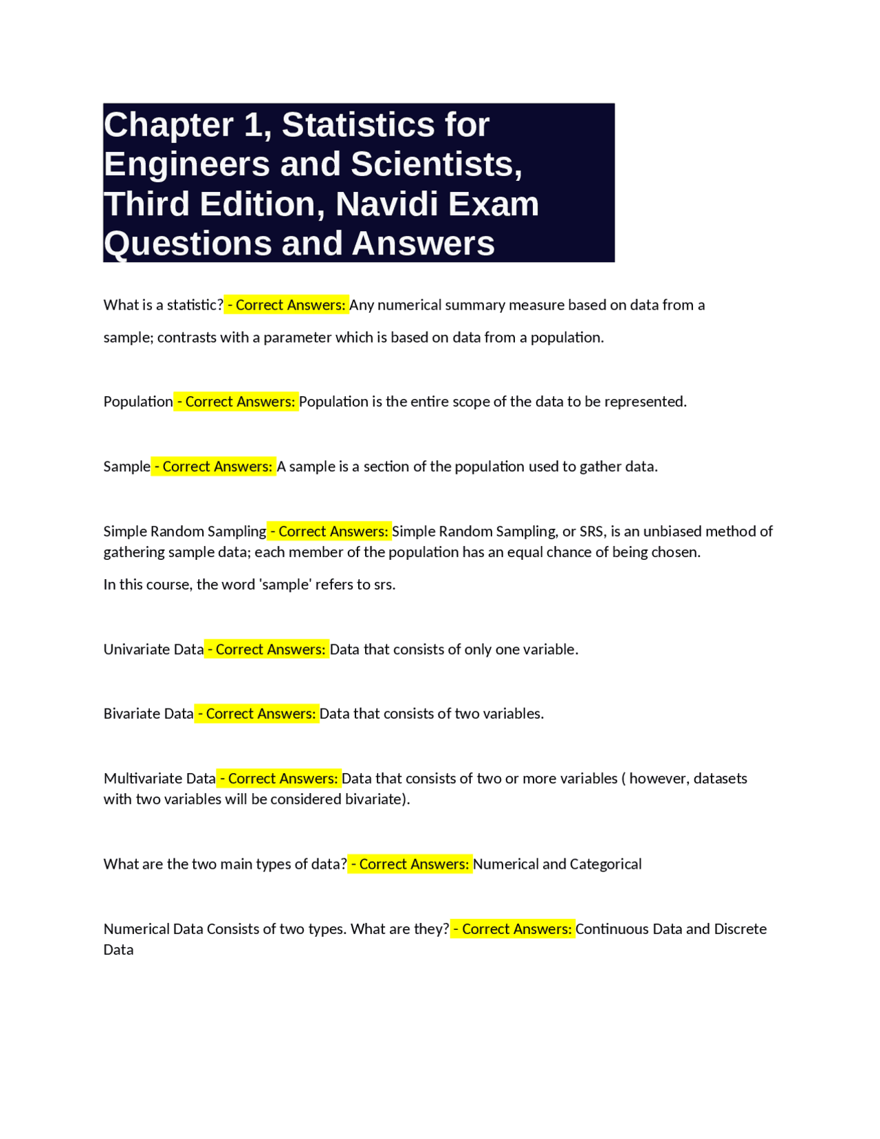 Chapter 1, Statistics for Engineers and Scientists, Third Edition, Navidi Exam Questions w ...