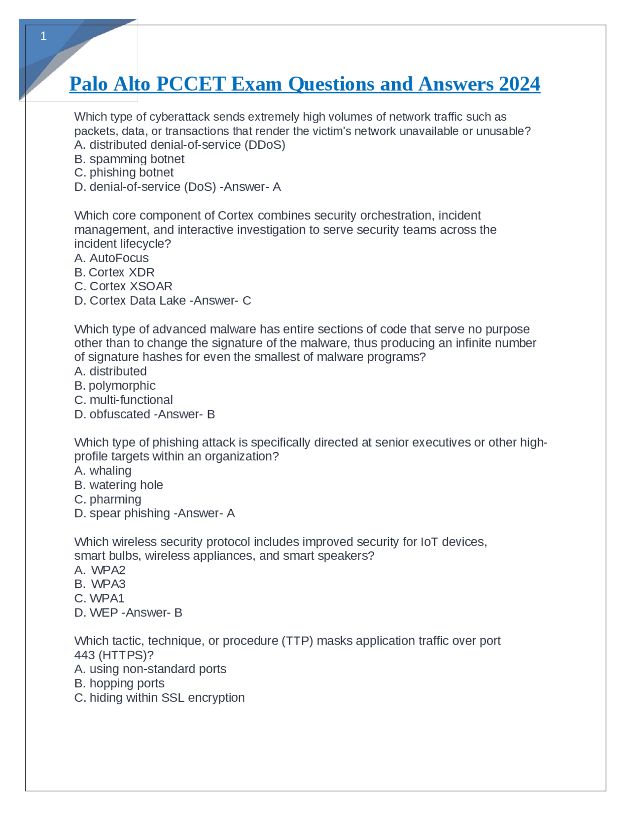 Palo Alto PCCET Exam Questions and Answers 2024 | Exams Nursing | Docsity