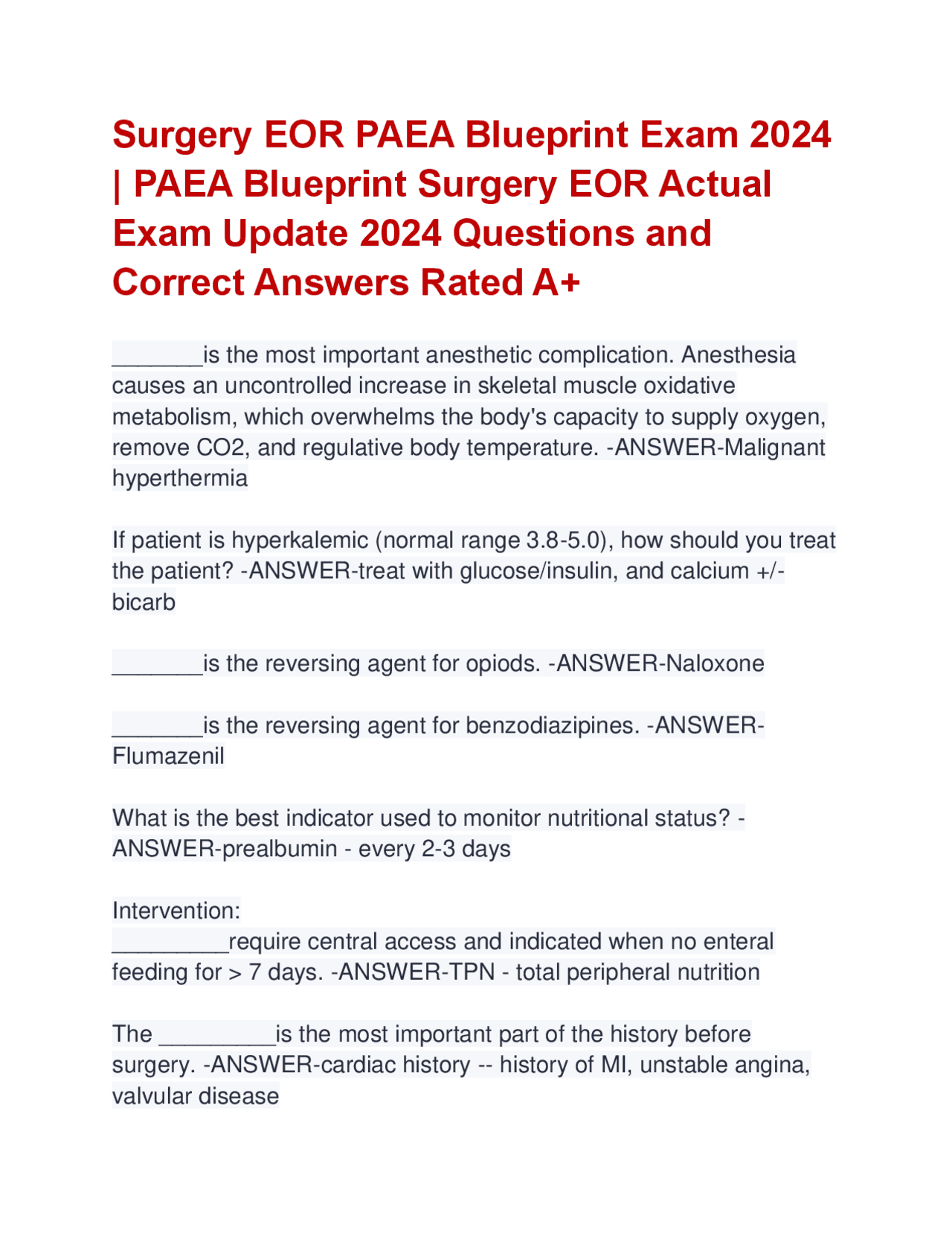Surgery EOR PAEA Blueprint Exam 2024 | PAEA Blueprint Surgery EOR Actual Exam Update 202 | Exams ...