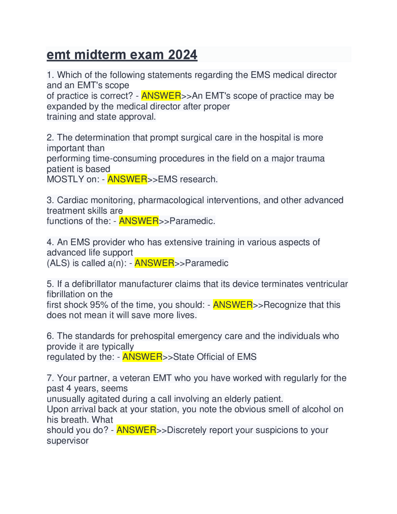 EMT Midterm Exam 2024: Questions and Answers | Exams Nursing | Docsity