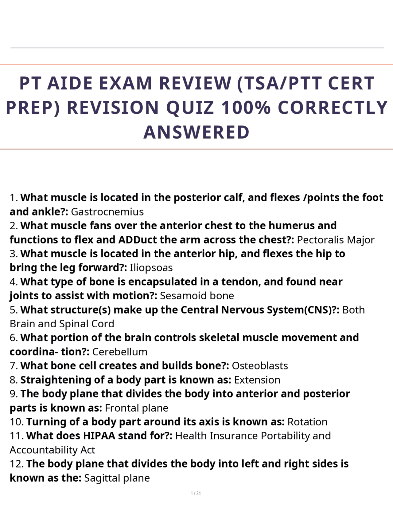 PT AIDE EXAM REVIEW (TSA/PTT CERT PREP) REVISION QUIZ 100% CORRECTLY ...