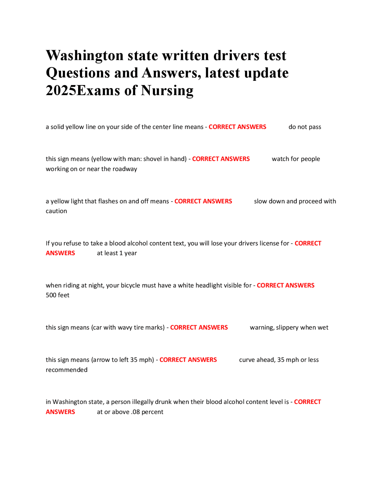 Washington state written drivers test Questions and Answers, latest ...