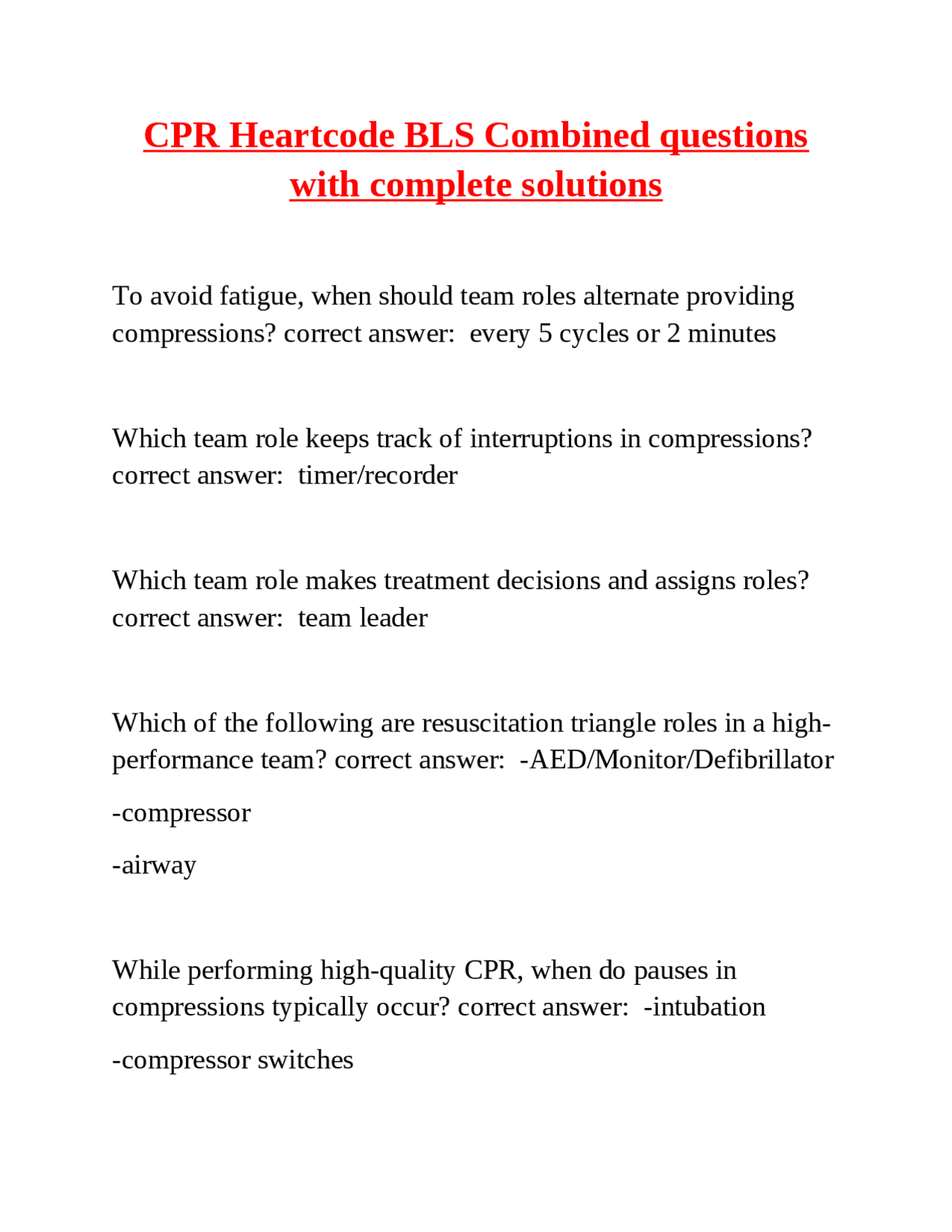 CPR Heartcode BLS Combined questions with complete solutions | Exams ...