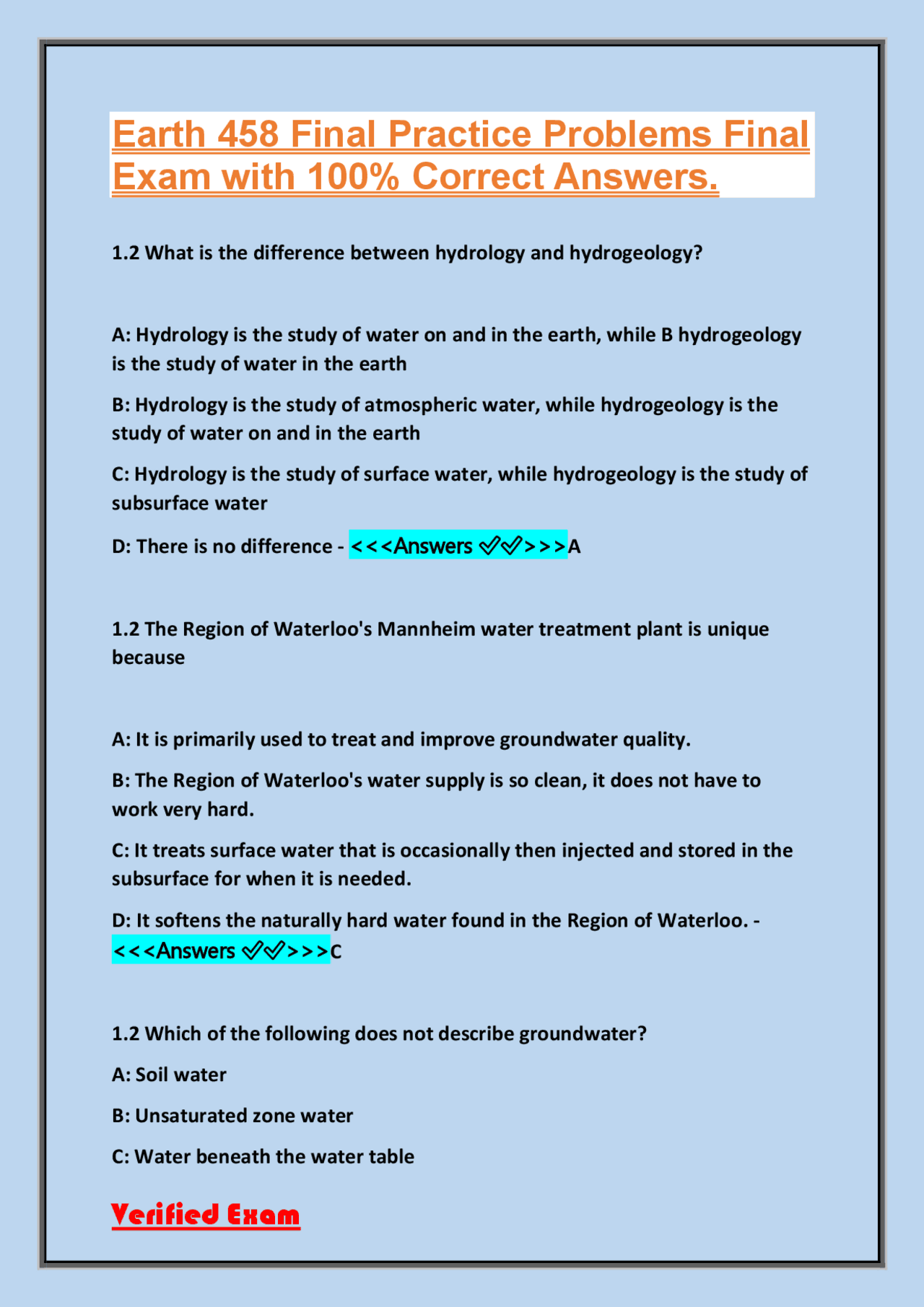 Earth 458 Final Practice Problems Final Exam with 100% Correct Answers ...