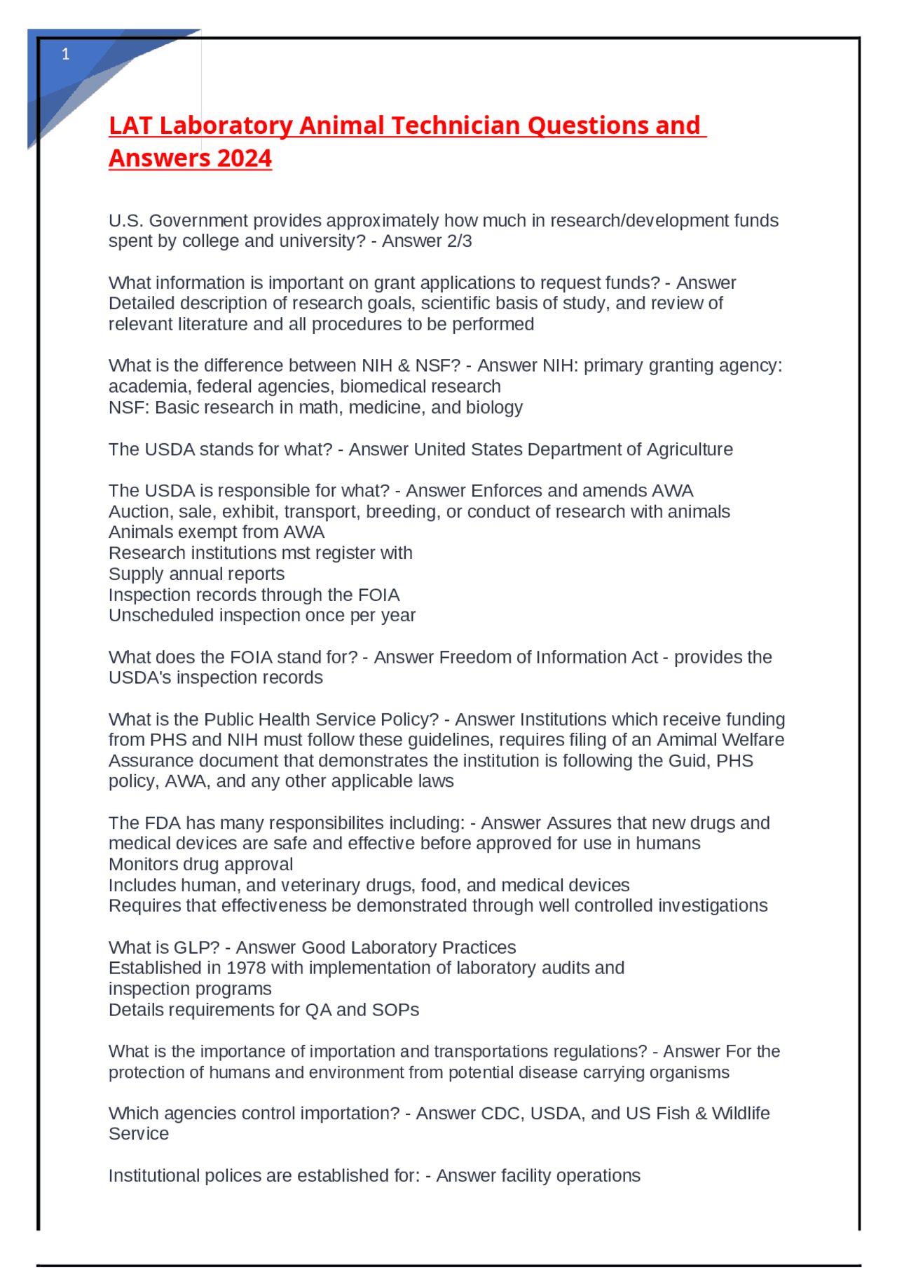 LAT Laboratory Animal Technician Questions and Answers 2024 | Exams ...