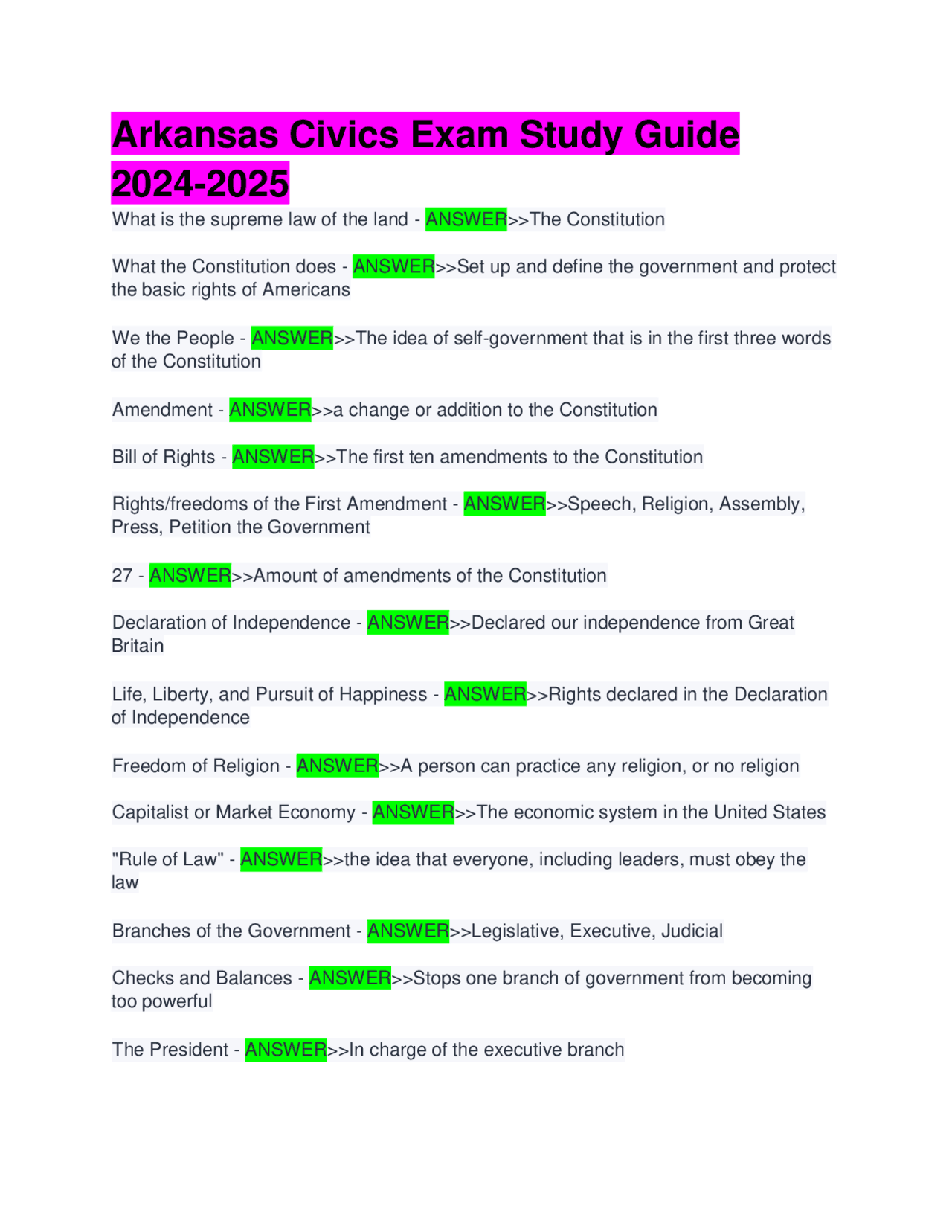 Arkansas Civics Exam Study Guide: A Comprehensive Q&A Review of US ...