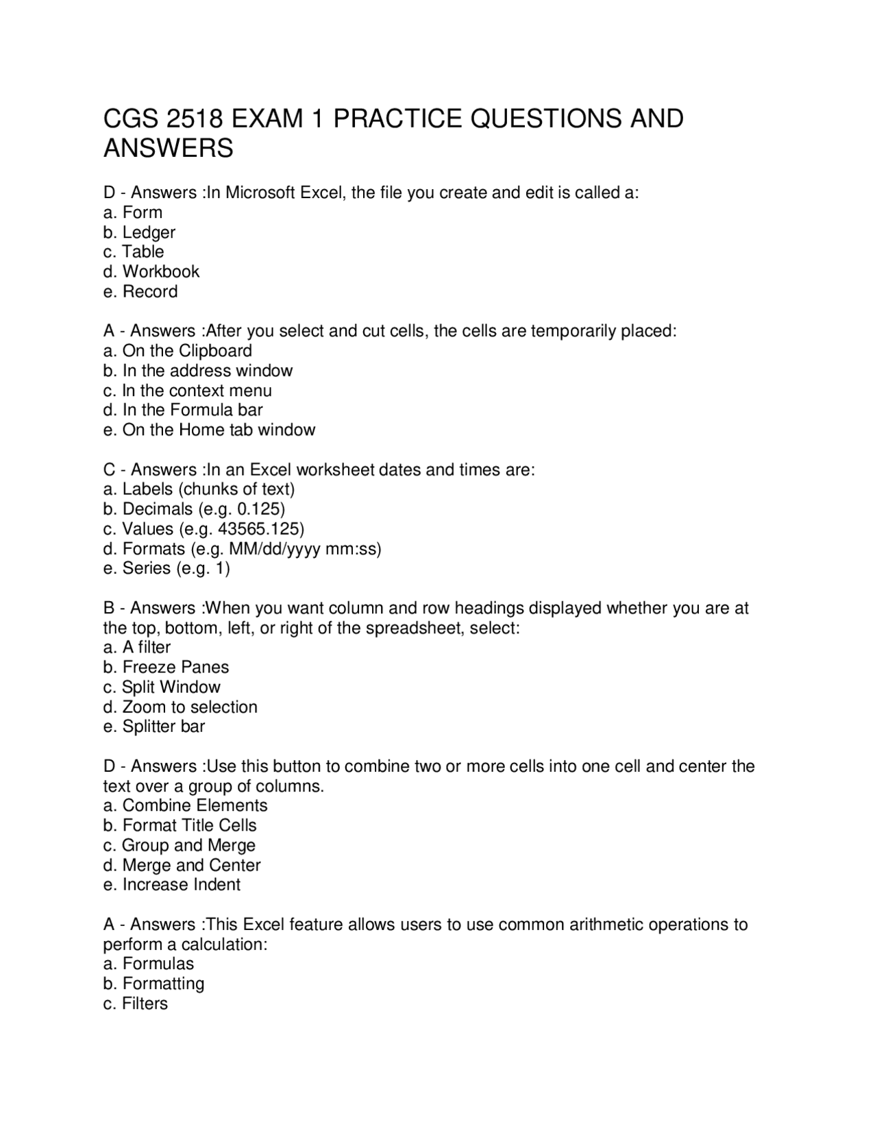 Microsoft Excel Exam Practice Questions and Answers | Exams Social Sciences | Docsity