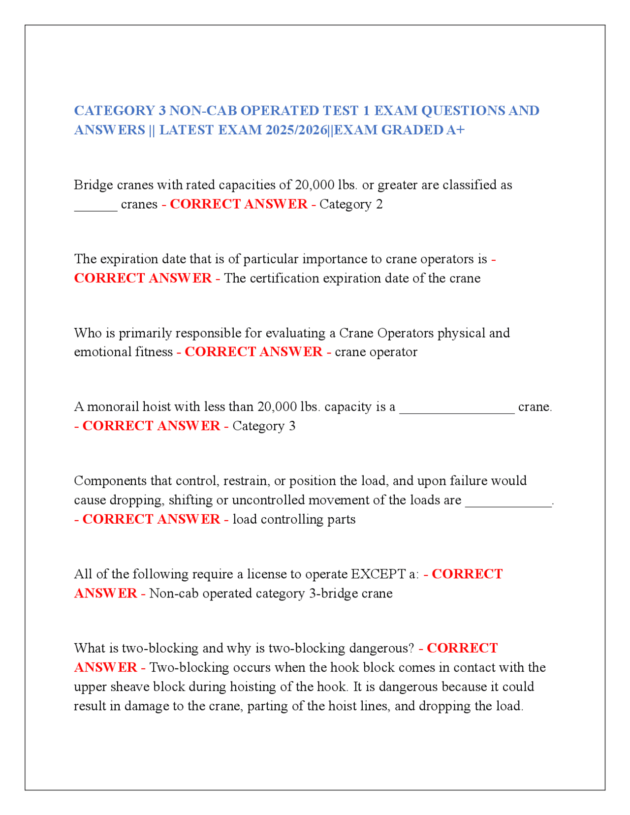 CATEGORY 3 NON-CAB OPERATED TEST 1 EXAM QUESTIONS AND ANSWERS || LATEST ...