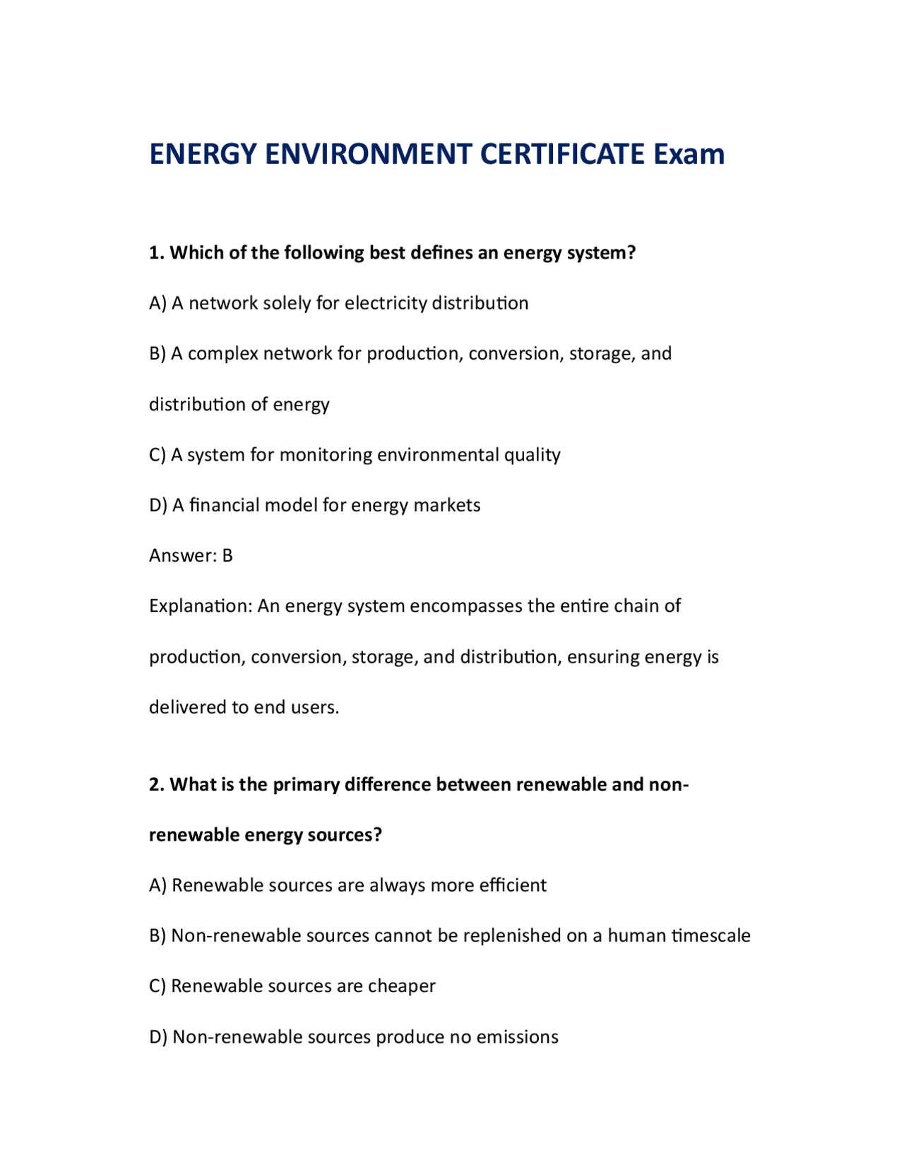 Energy Systems: Multiple Choice Questions and Answers | Exams ...