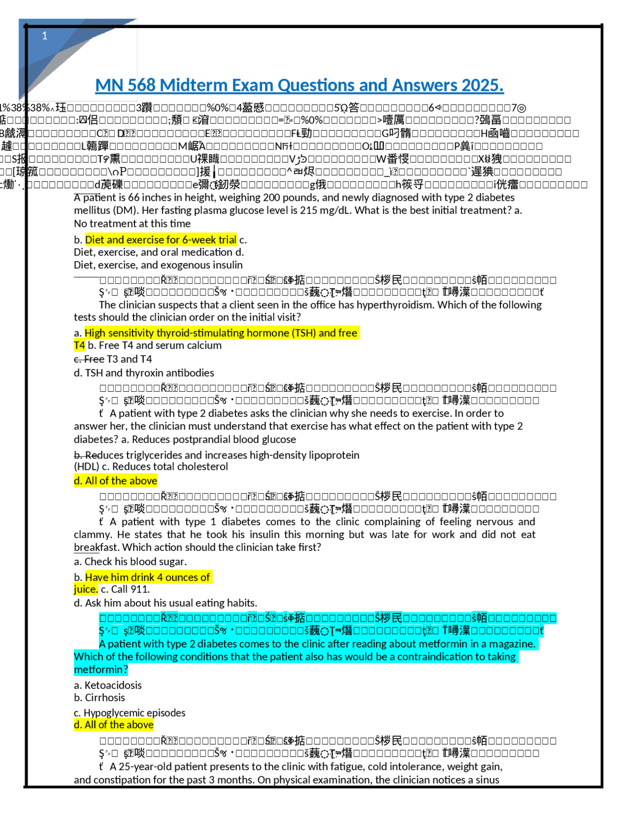 MN 568 Midterm Exam Questions and Answers: Diabetes and Thyroid ...