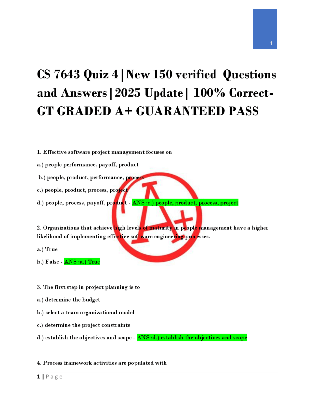 CS 7643 Quiz 4: Software Project Management Multiple Choice Questions and Answers | Exams ...