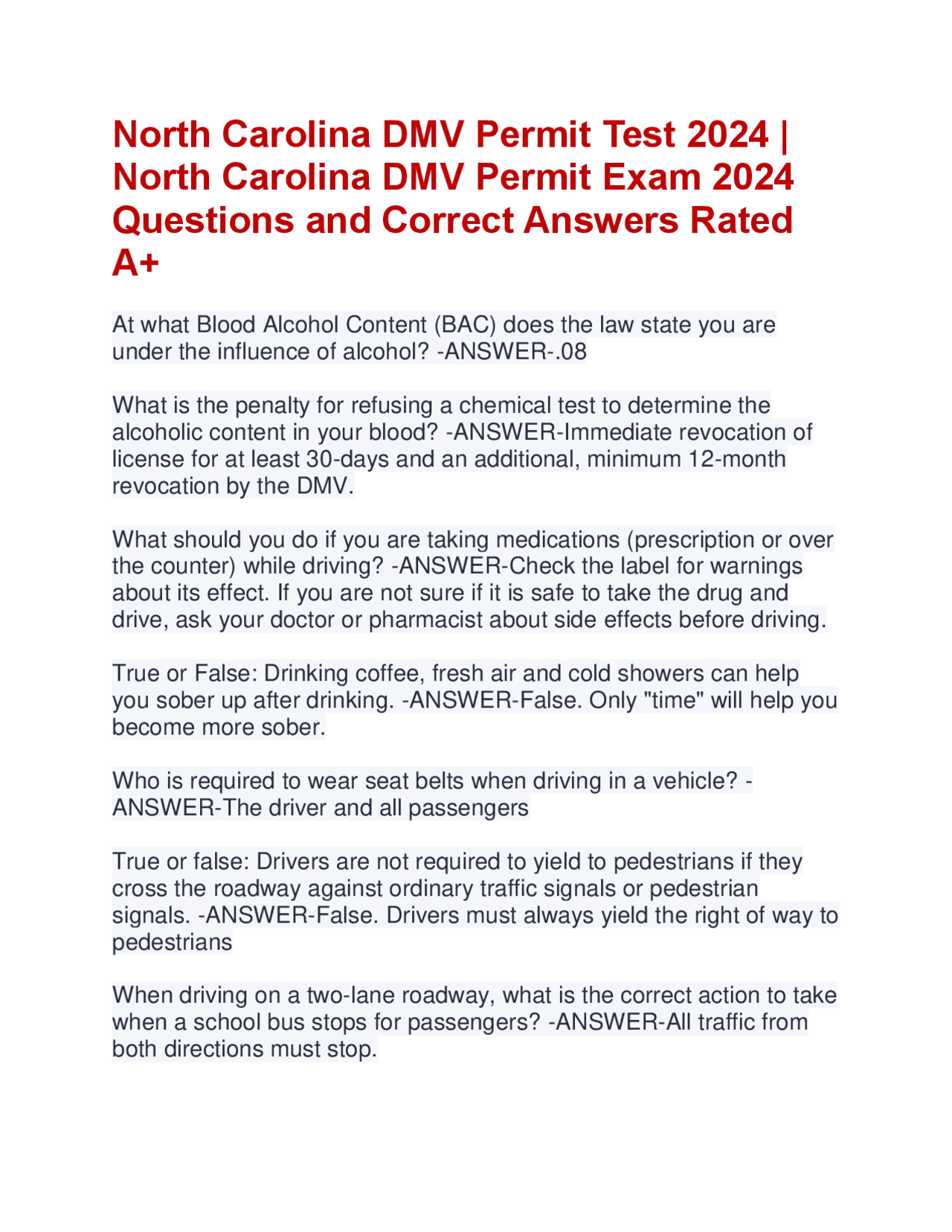 North Carolina DMV Permit Test 2024: Questions and Answers | Exams Law ...