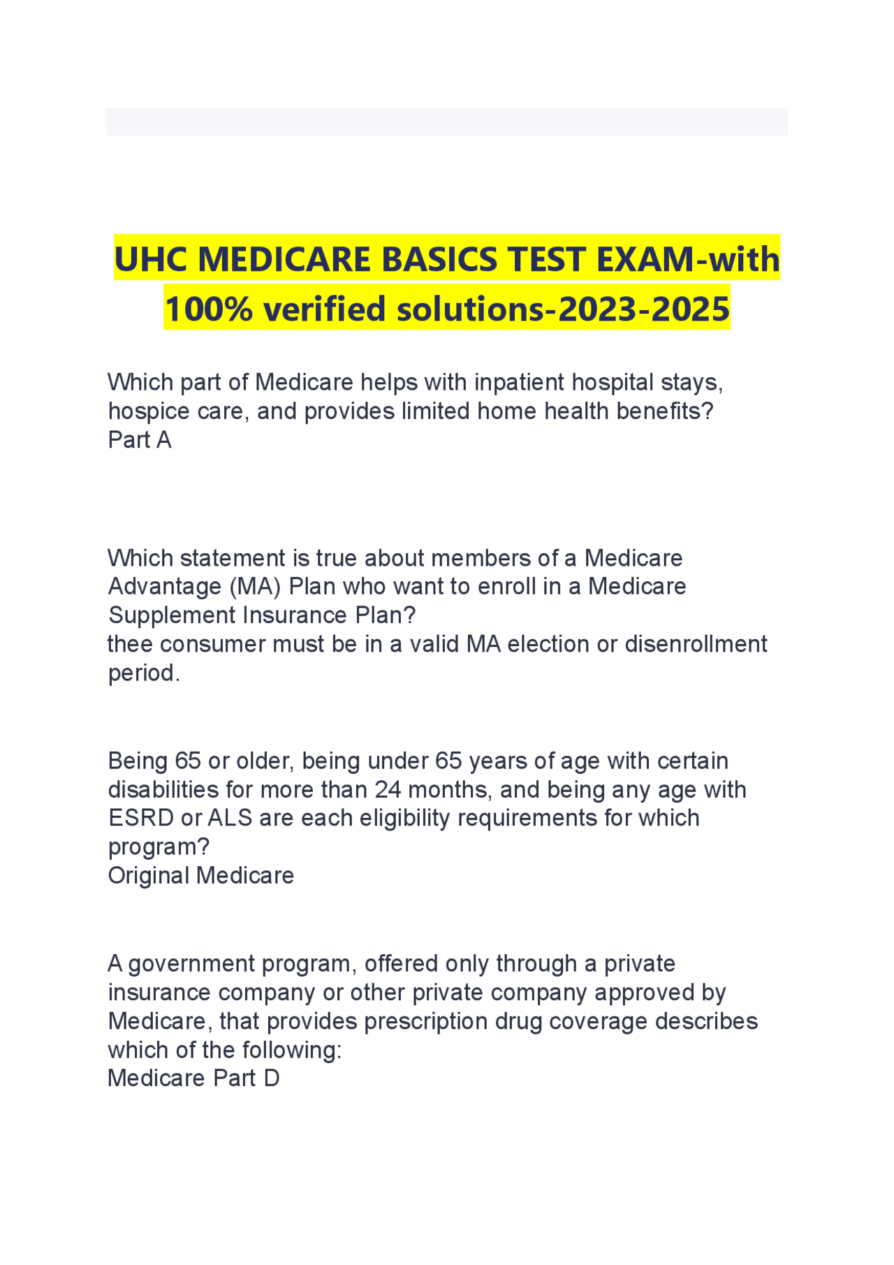 UHC MEDICARE BASICS TEST EXAM-with 100% verified solutions-2023-2025 ...