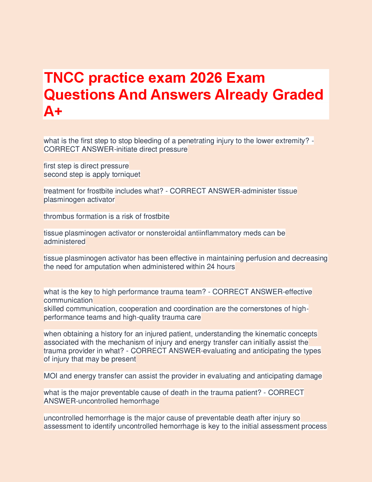 TNCC practice exam 2026 Exam Questions And Answers Already Graded A ...
